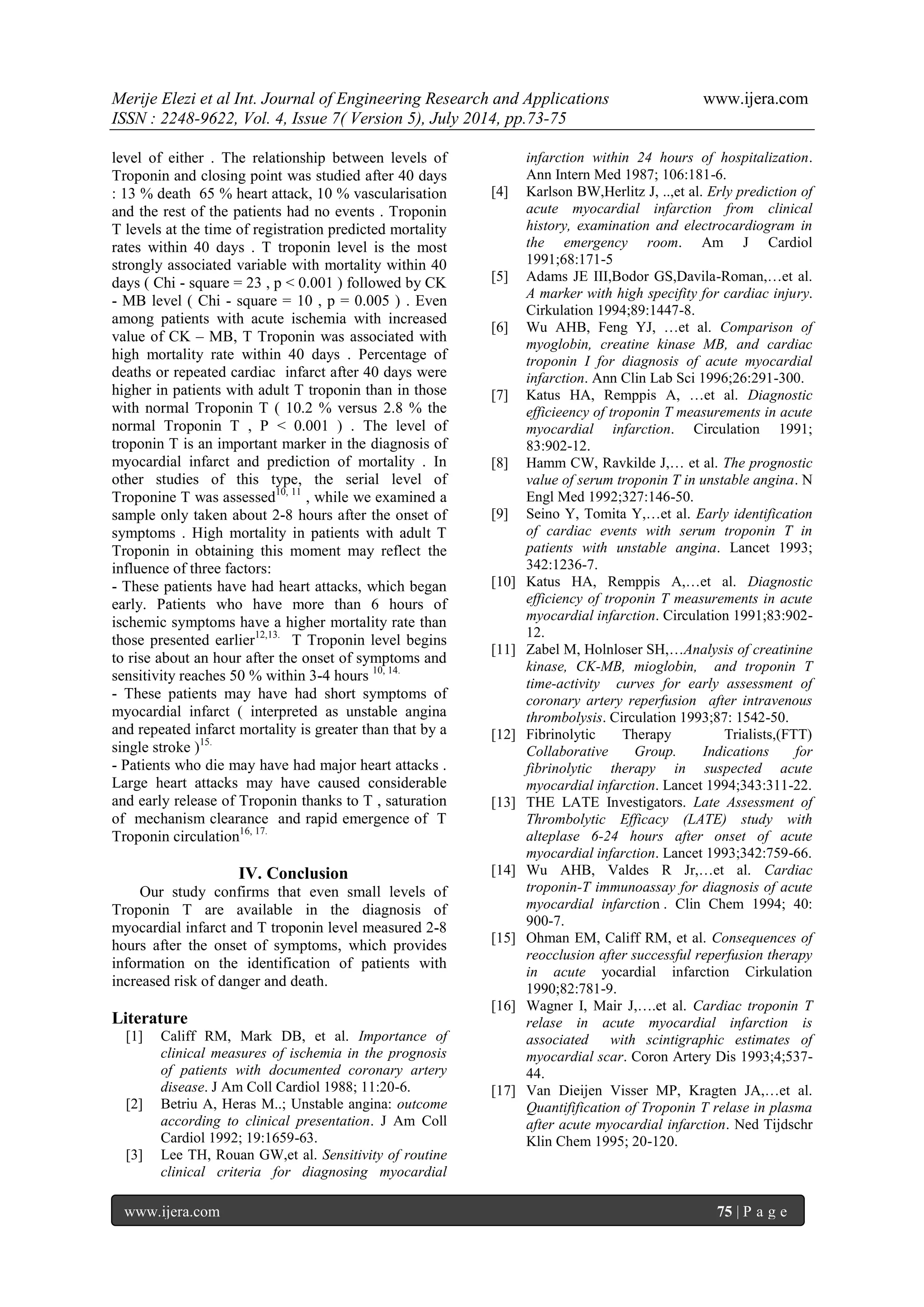 Diagnostic Efficiency and Prognostic Value of Troponin T Measurement in ...