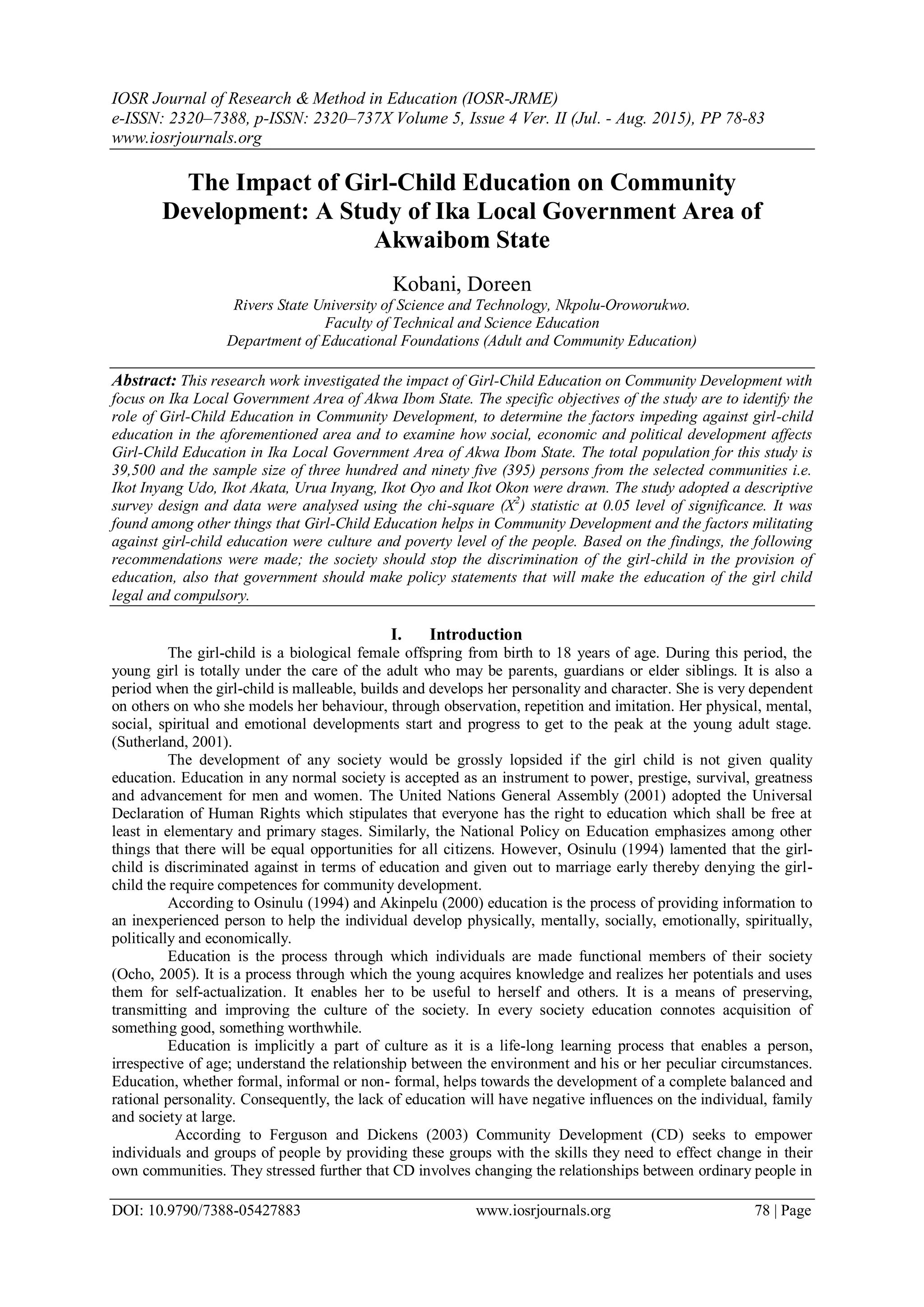 The Impact of Girl-Child Education on Community Development: A Study of ...