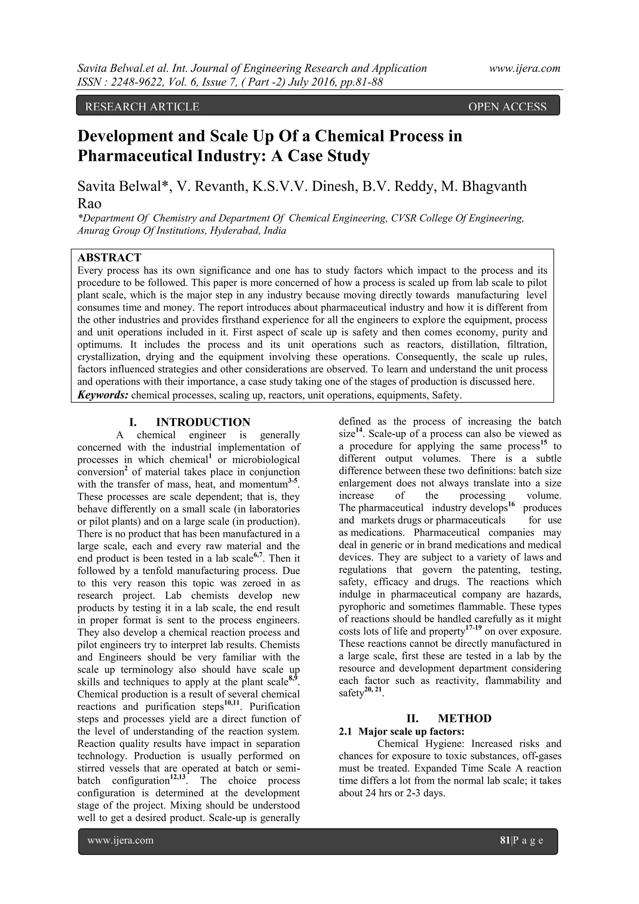 Development and Scale Up Of a Chemical Process in Pharmaceutical Industry: A Case Study | PDF