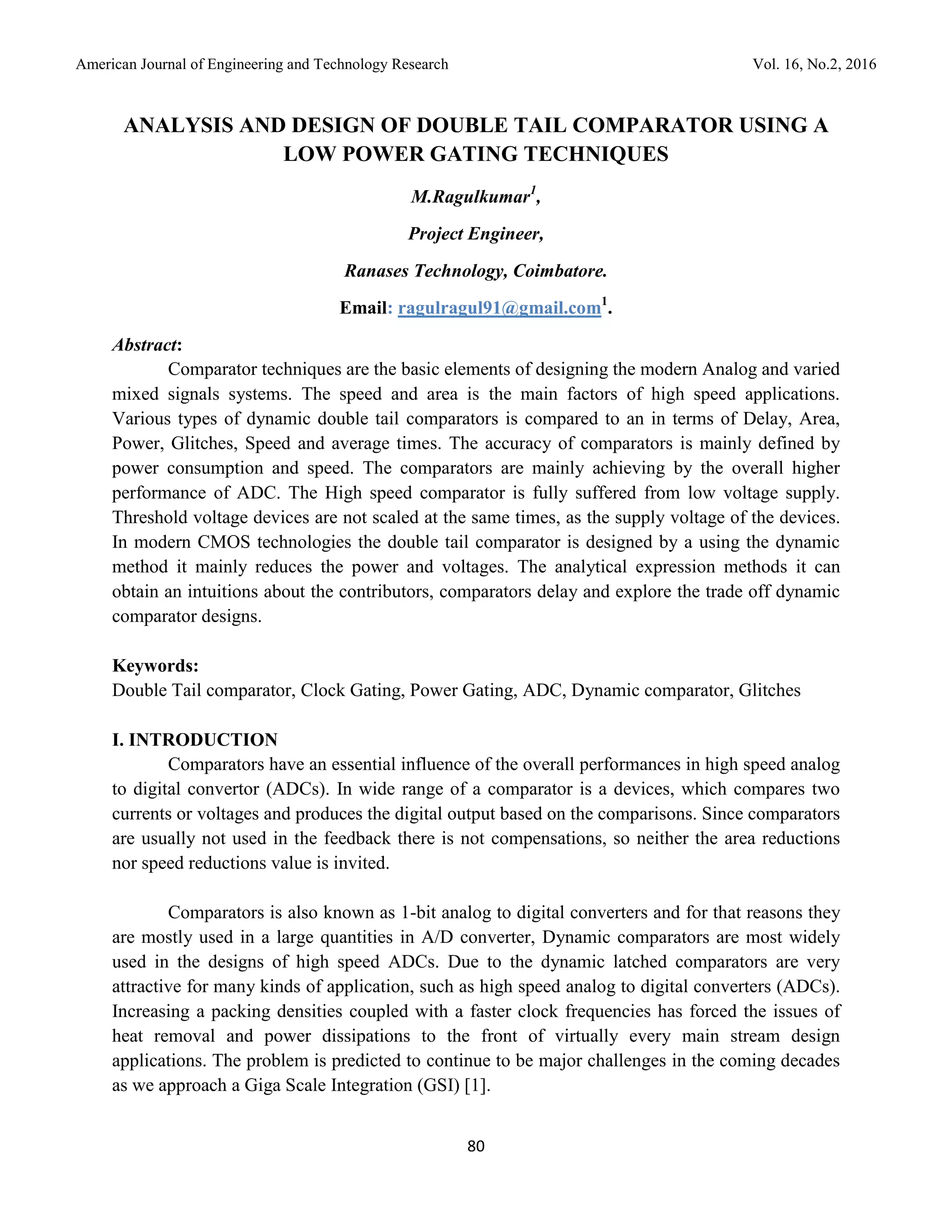 ANALYSIS AND DESIGN OF DOUBLE TAIL COMPARATOR USING A LOW POWER GATING ...