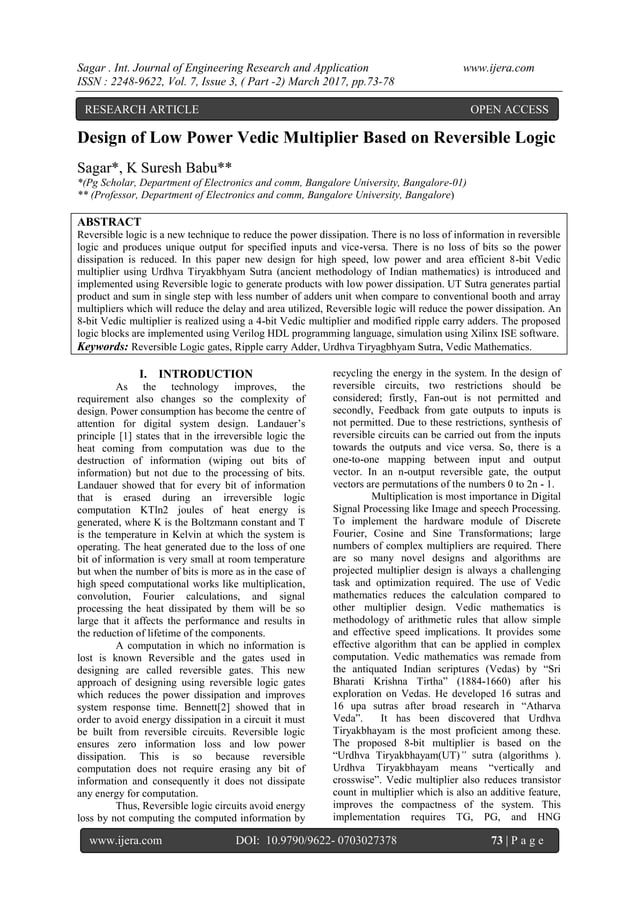 Design Of Low Power Vedic Multiplier Based On Reversible Logic Pdf 