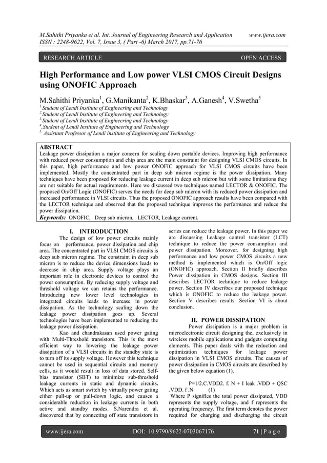 High Performance and Low power VLSI CMOS Circuit Designs using ONOFIC Approach | PDF