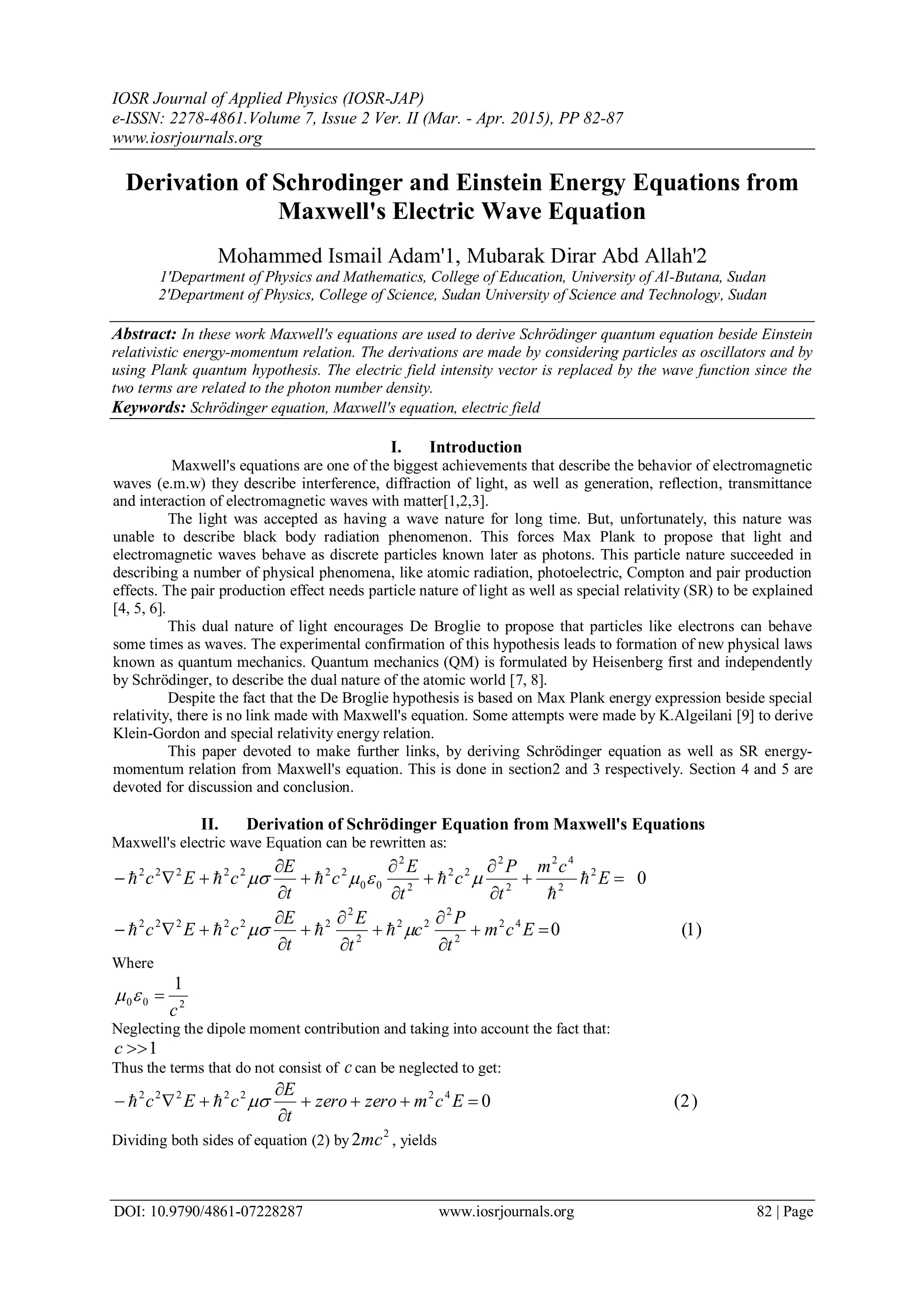 Derivation of Schrodinger and Einstein Energy Equations from Maxwell's Electric Wave Equation | PDF