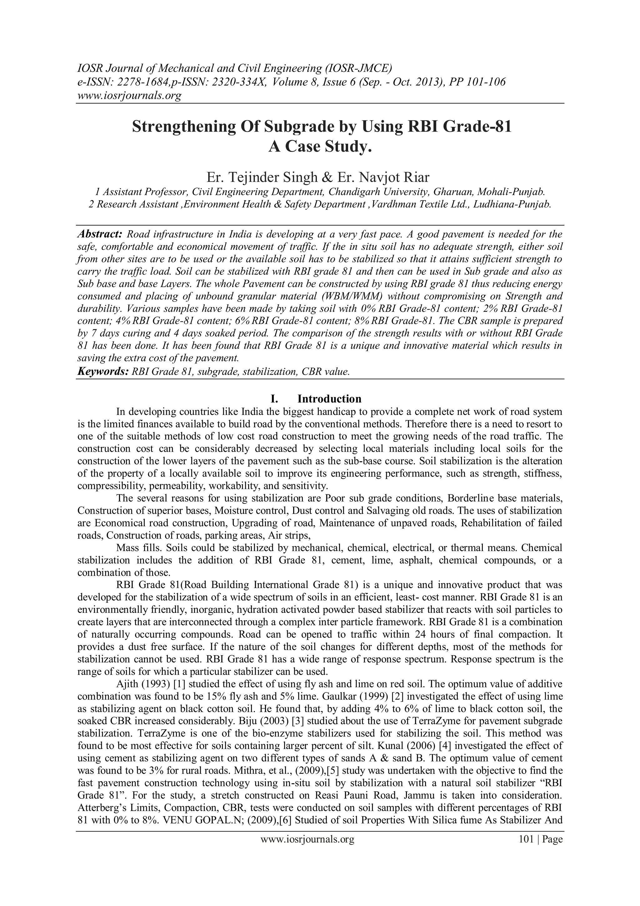 Strengthening Of Subgrade by Using RBI Grade-81 A Case Study | PDF ...