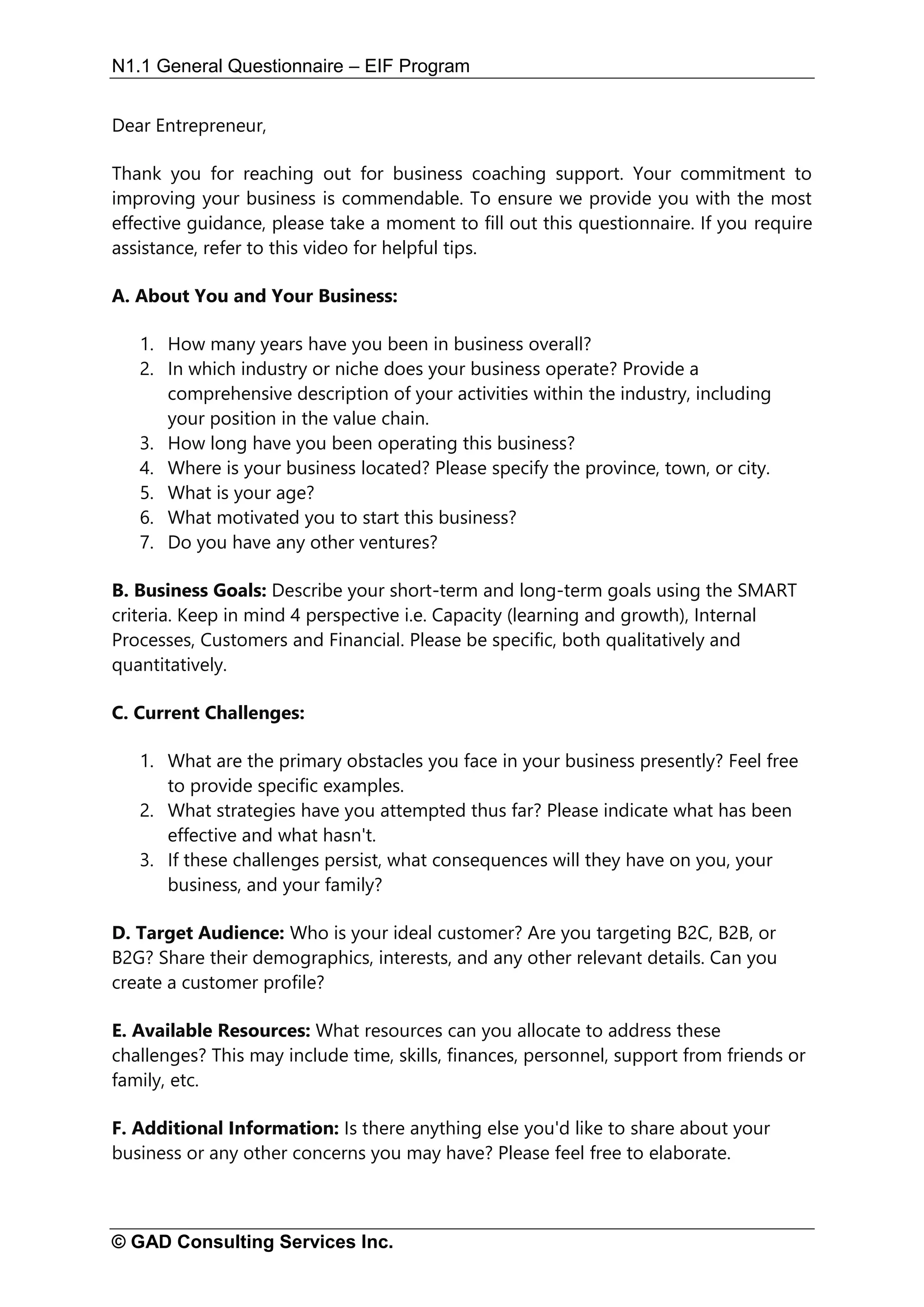 N1. 1 General Questionnaire for group coaching EIF | DOCX | Startups ...