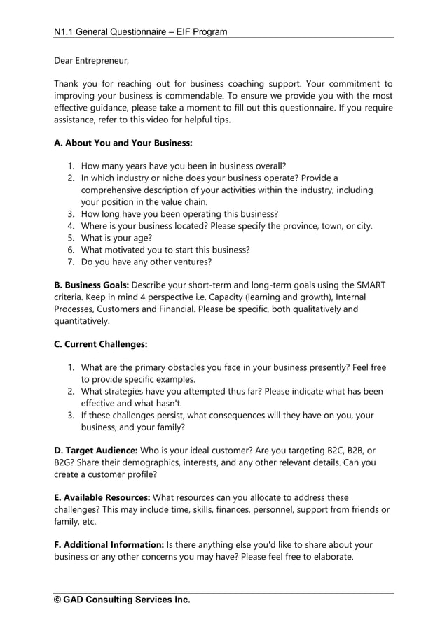 N1. 1 General Questionnaire for group coaching EIF | DOCX | Startups ...