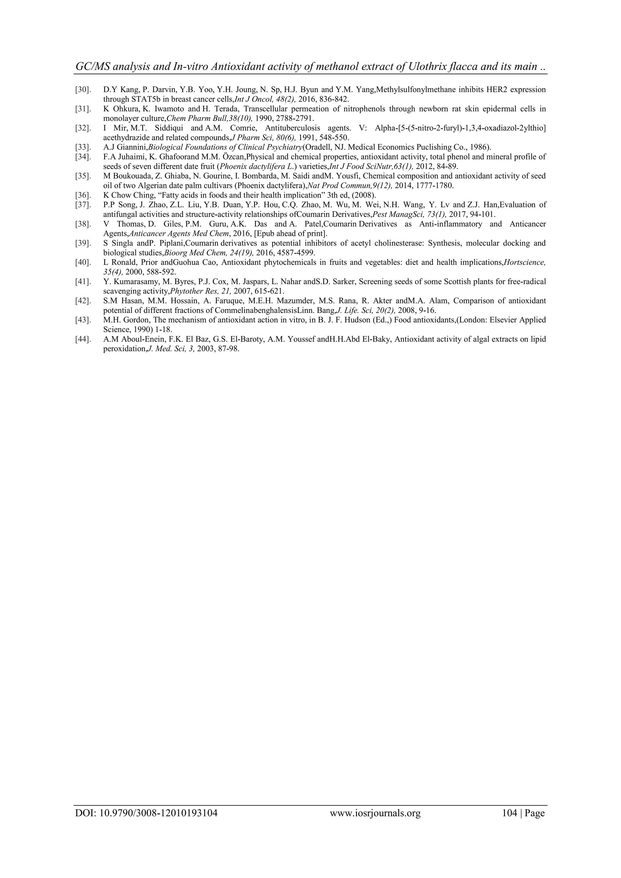 GC/MS analysis and In-vitro Antioxidant activity of methanol extract of Ulothrix flacca and its ...