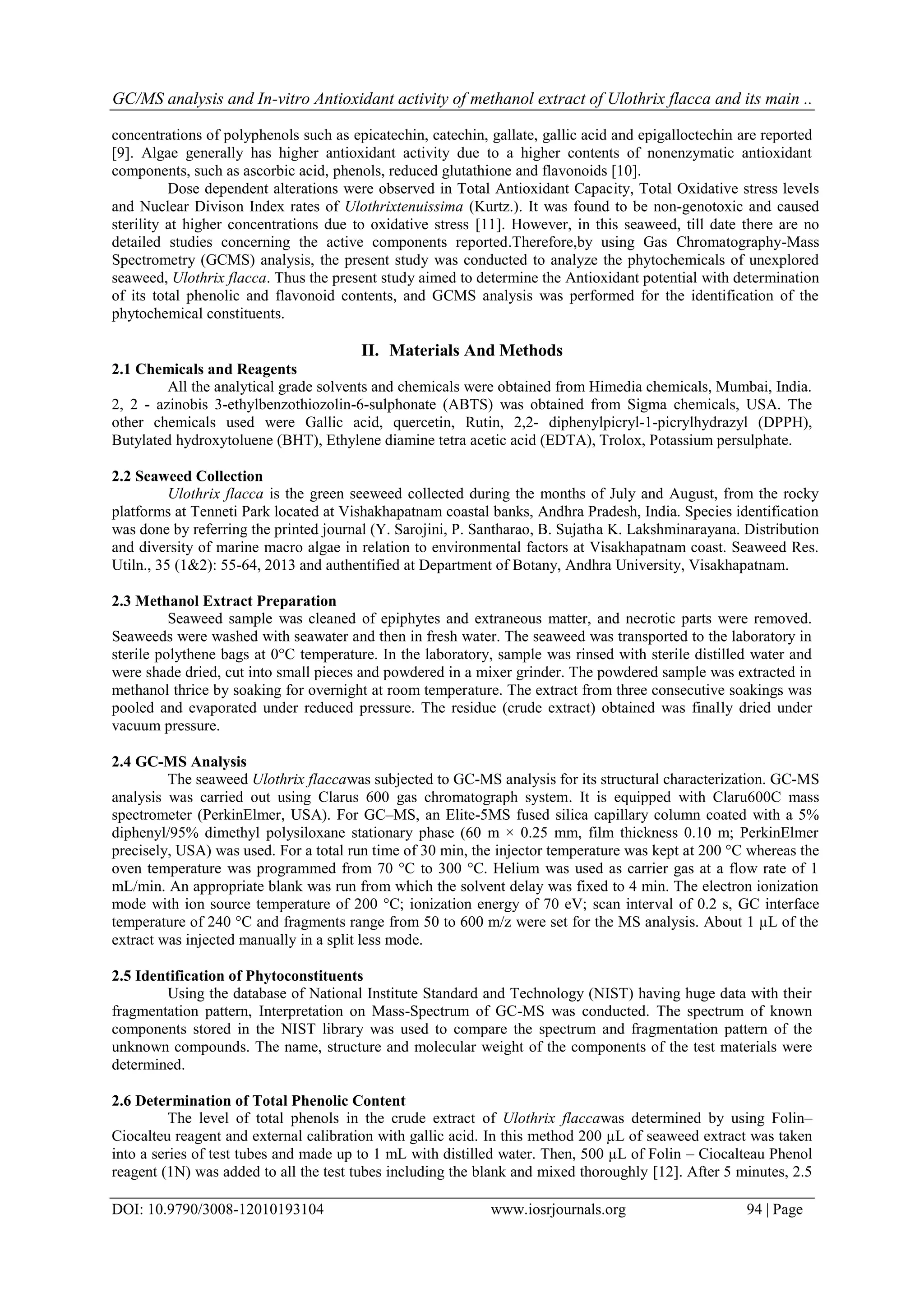 GC/MS analysis and In-vitro Antioxidant activity of methanol extract of Ulothrix flacca and its ...