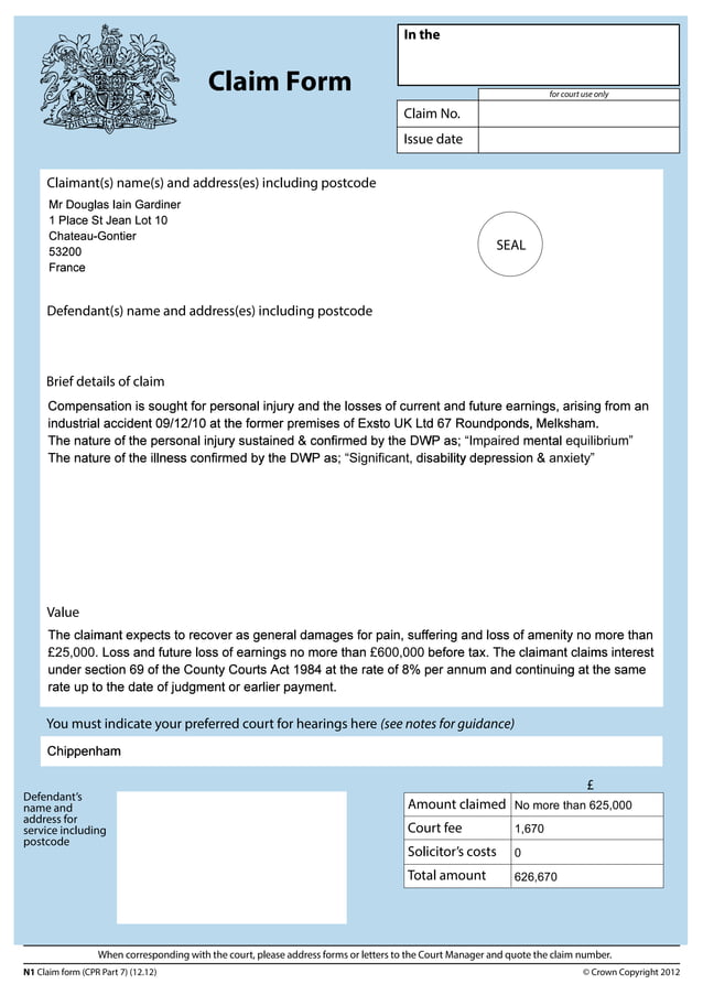 CPR Part 7 Claim Form for Personal Injury and Loss of Earnings | PDF