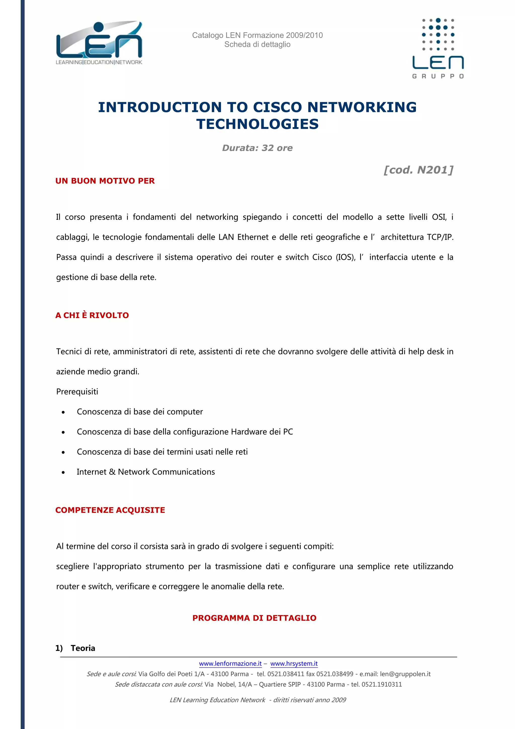 Introduction cisco networking technologies - Scheda corso LEN | PDF