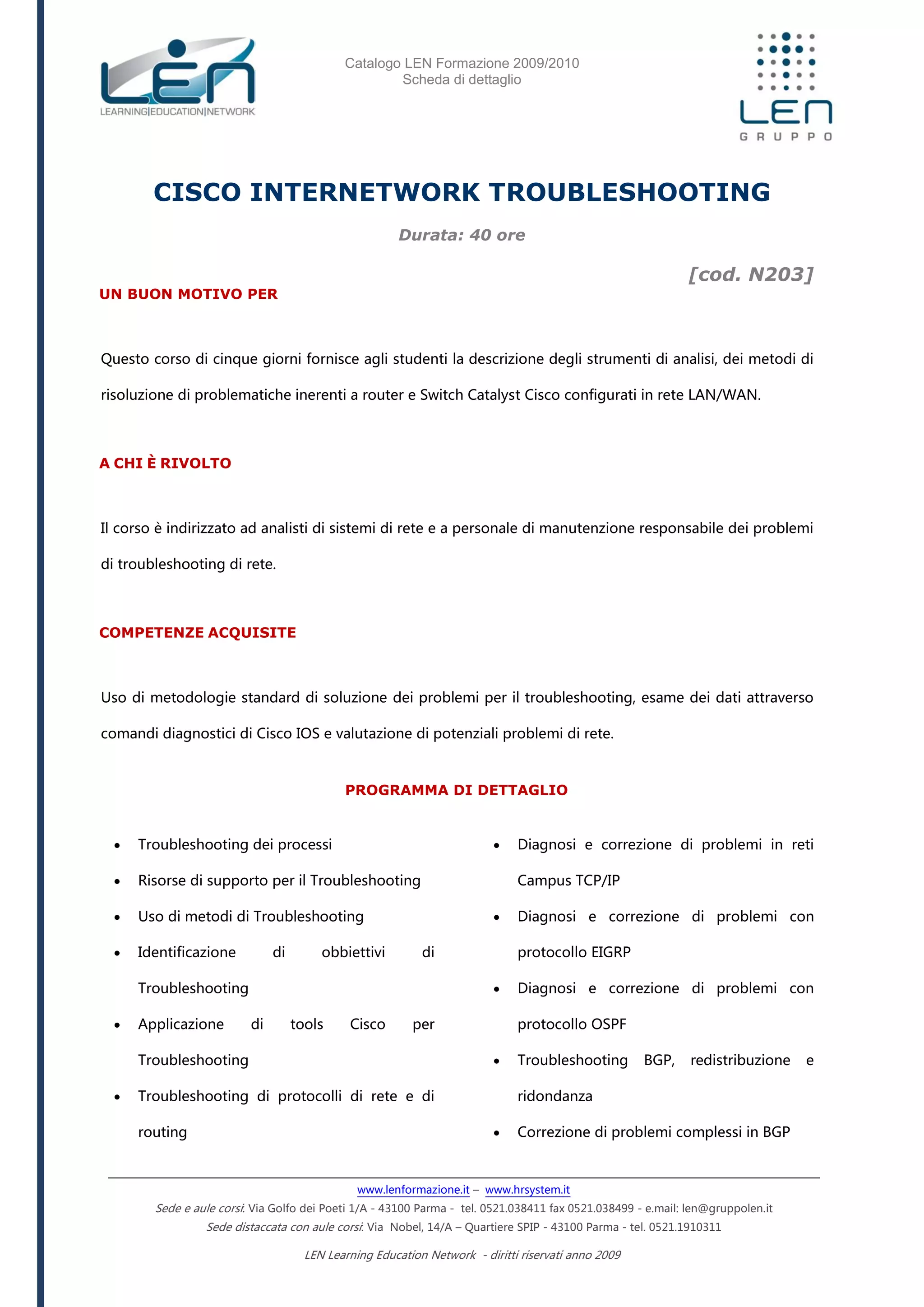 Cisco internetwork troubleshooting - Scheda corso LEN | PDF