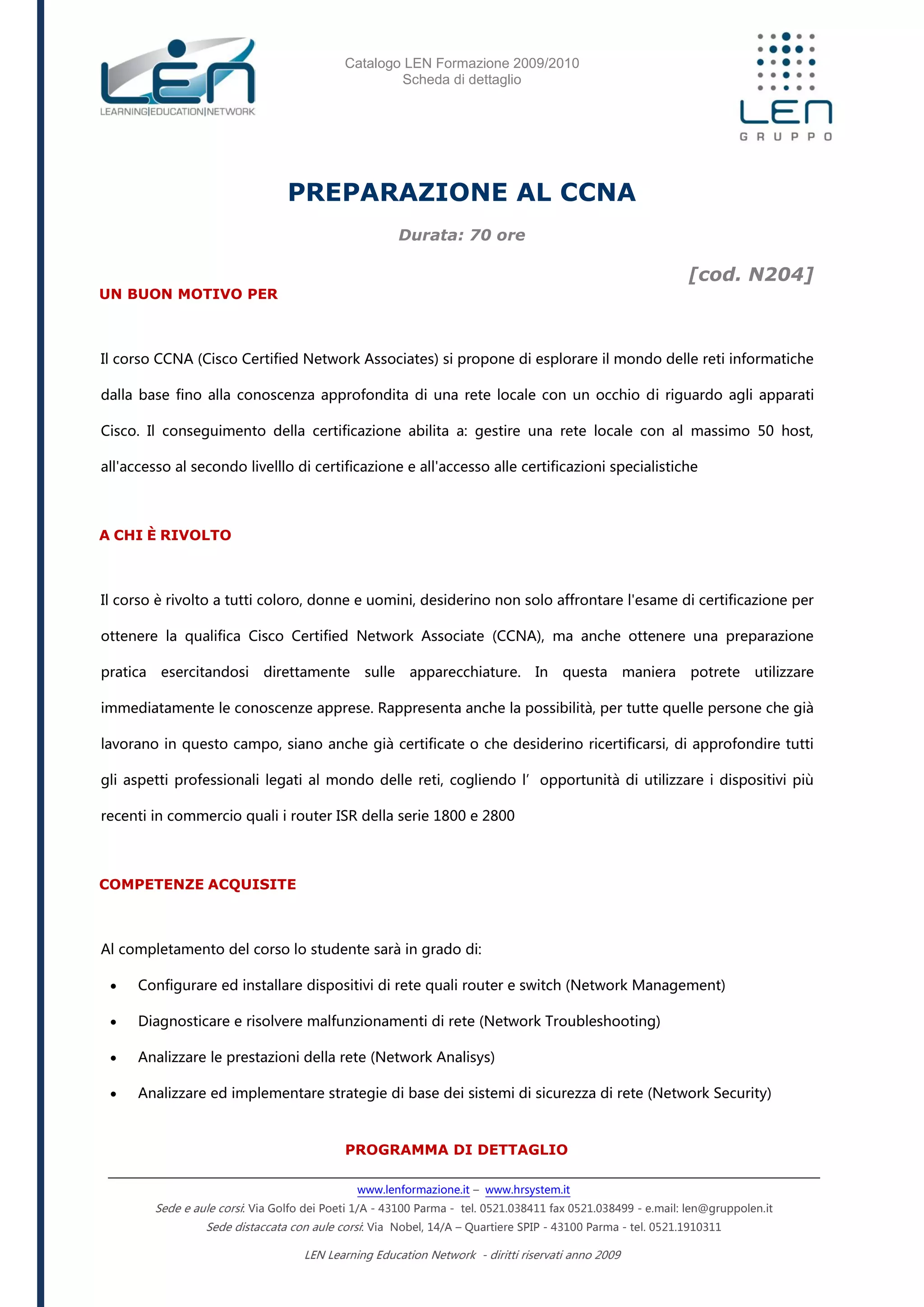 Preparazione ccna - Scheda corso LEN | PDF