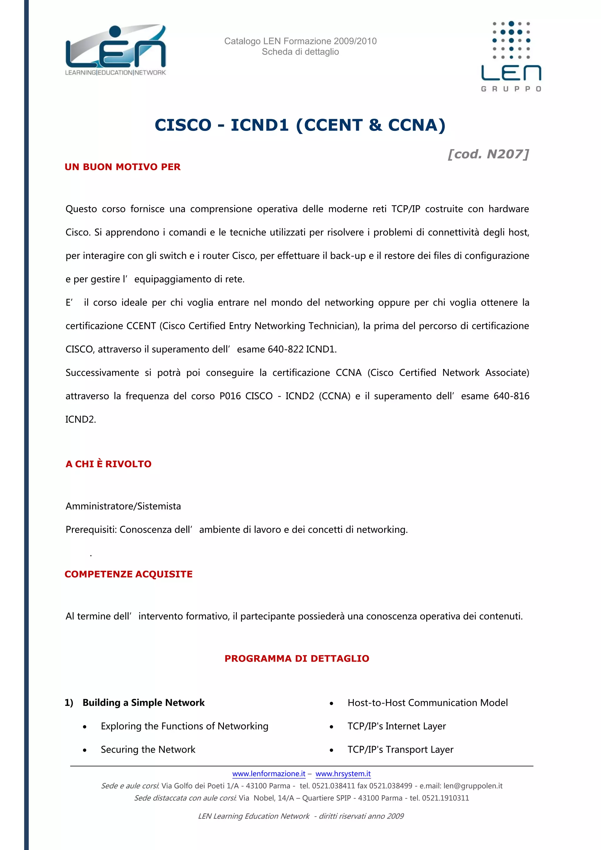Cisco icnd1 (ccent & ccna) - Scheda corso LEN | PDF