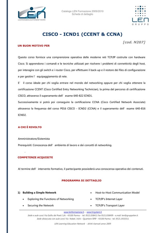 Cisco icnd1 (ccent & ccna) - Scheda corso LEN | PDF