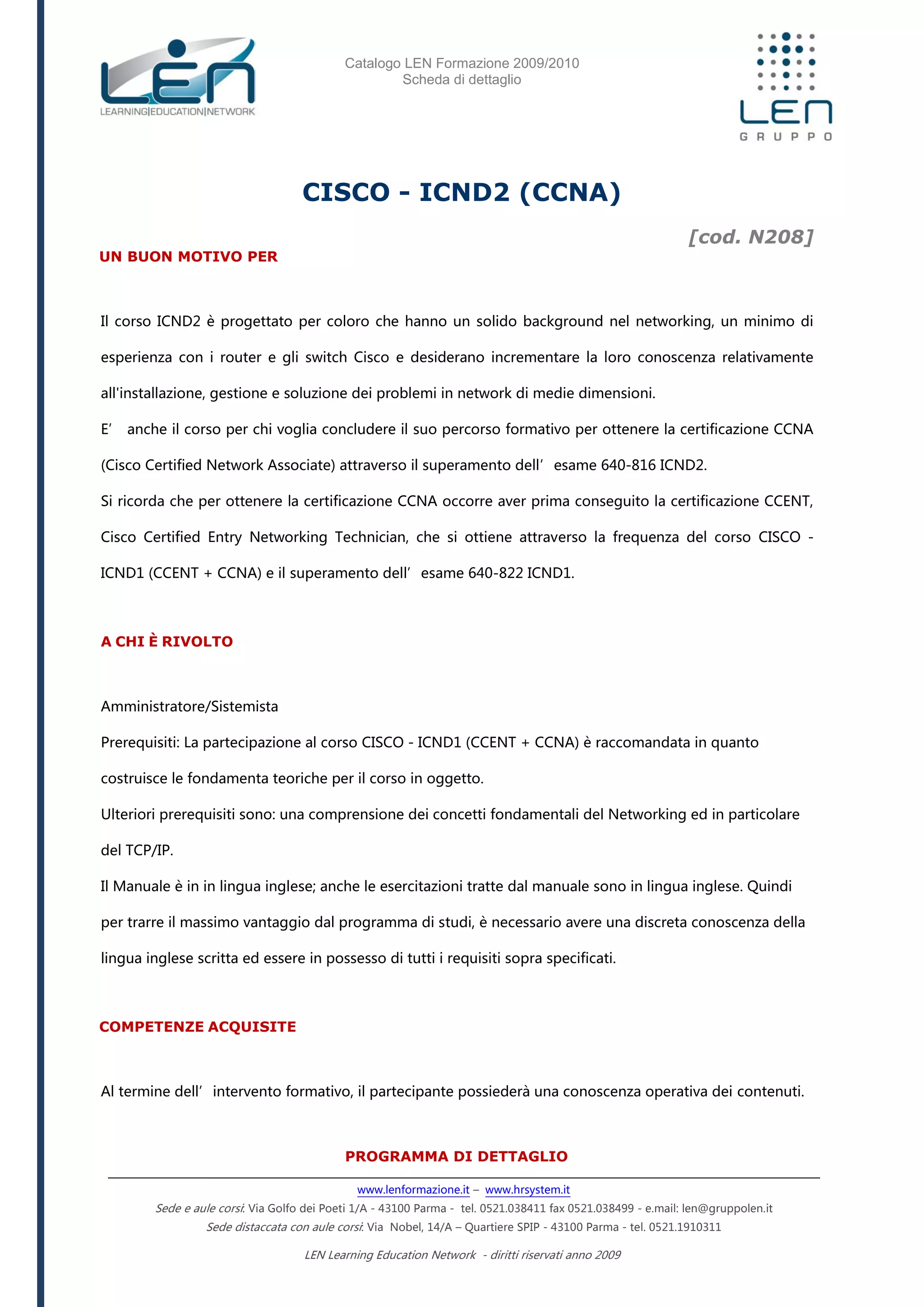 Cisco icnd2 (ccna) - Scheda corso LEN | PDF