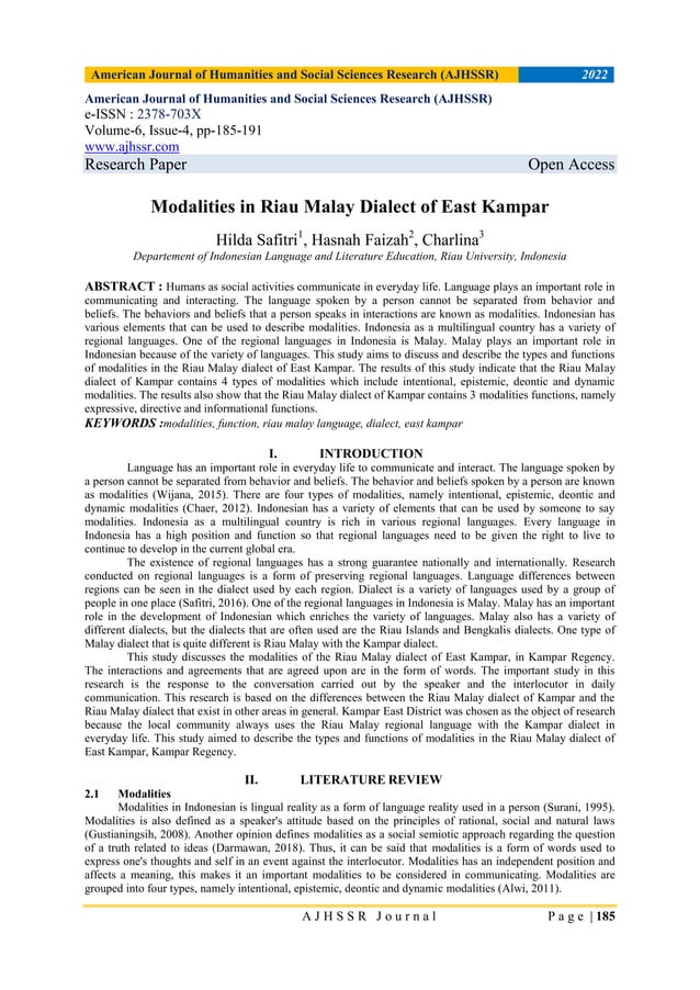 Modalities in Riau Malay Dialect of East Kampar | PDF