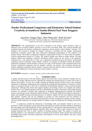 Teacher Professional Competence and Elementary School Student Creativity in Southwest Sumba ...