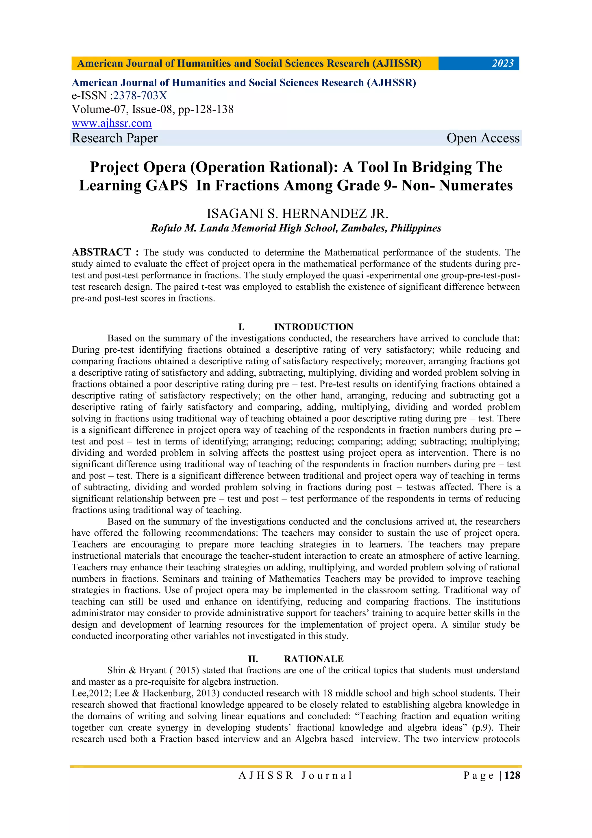 Project Opera (Operation Rational): A Tool In Bridging The Learning ...