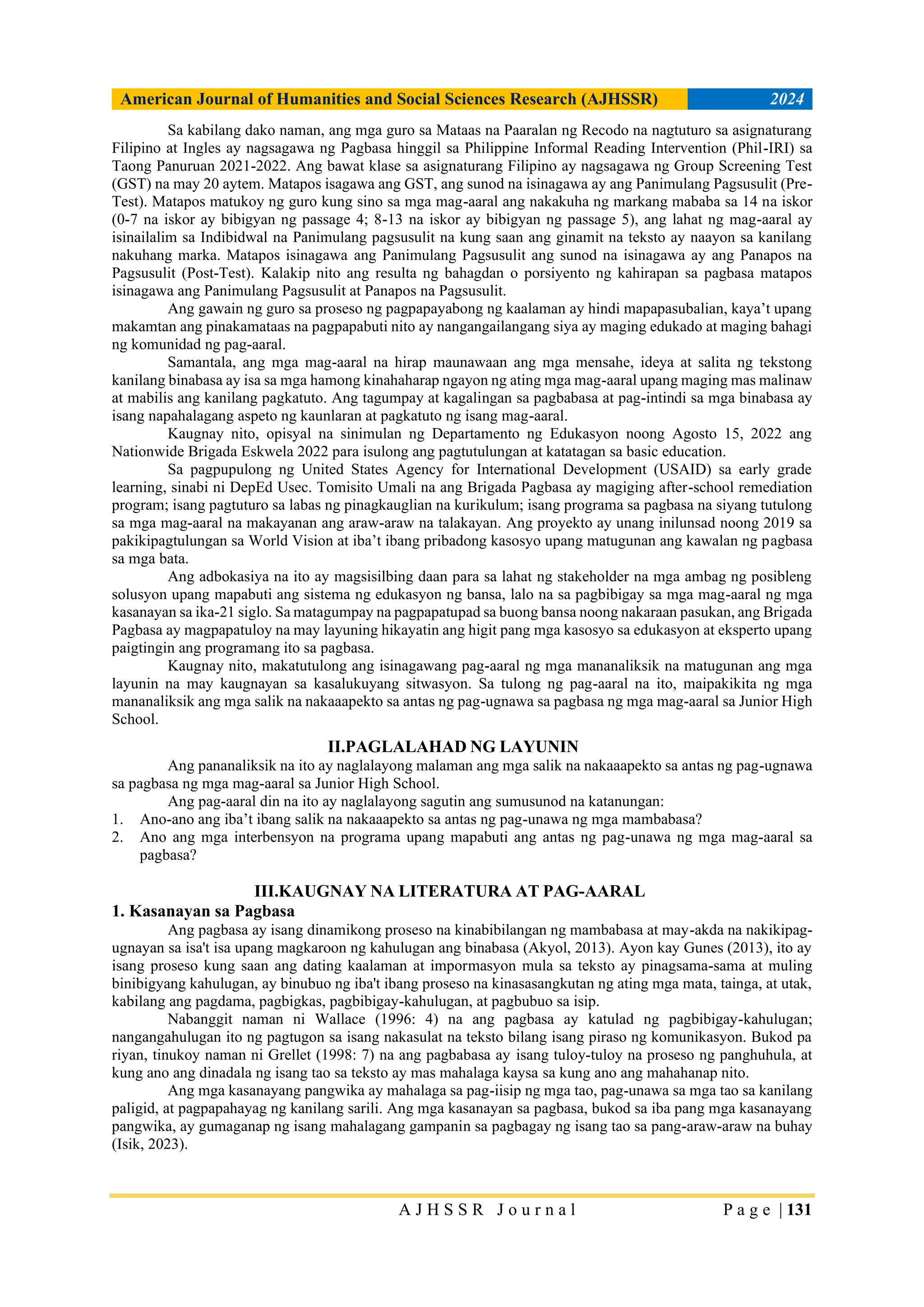 MGA SALIK NA NAKAAAPEKTO SA ANTAS NG PAGUNAWA SA PAGBASA NG MGA MAG-AARAL SA JUNIOR HIGH SCHOOL ...