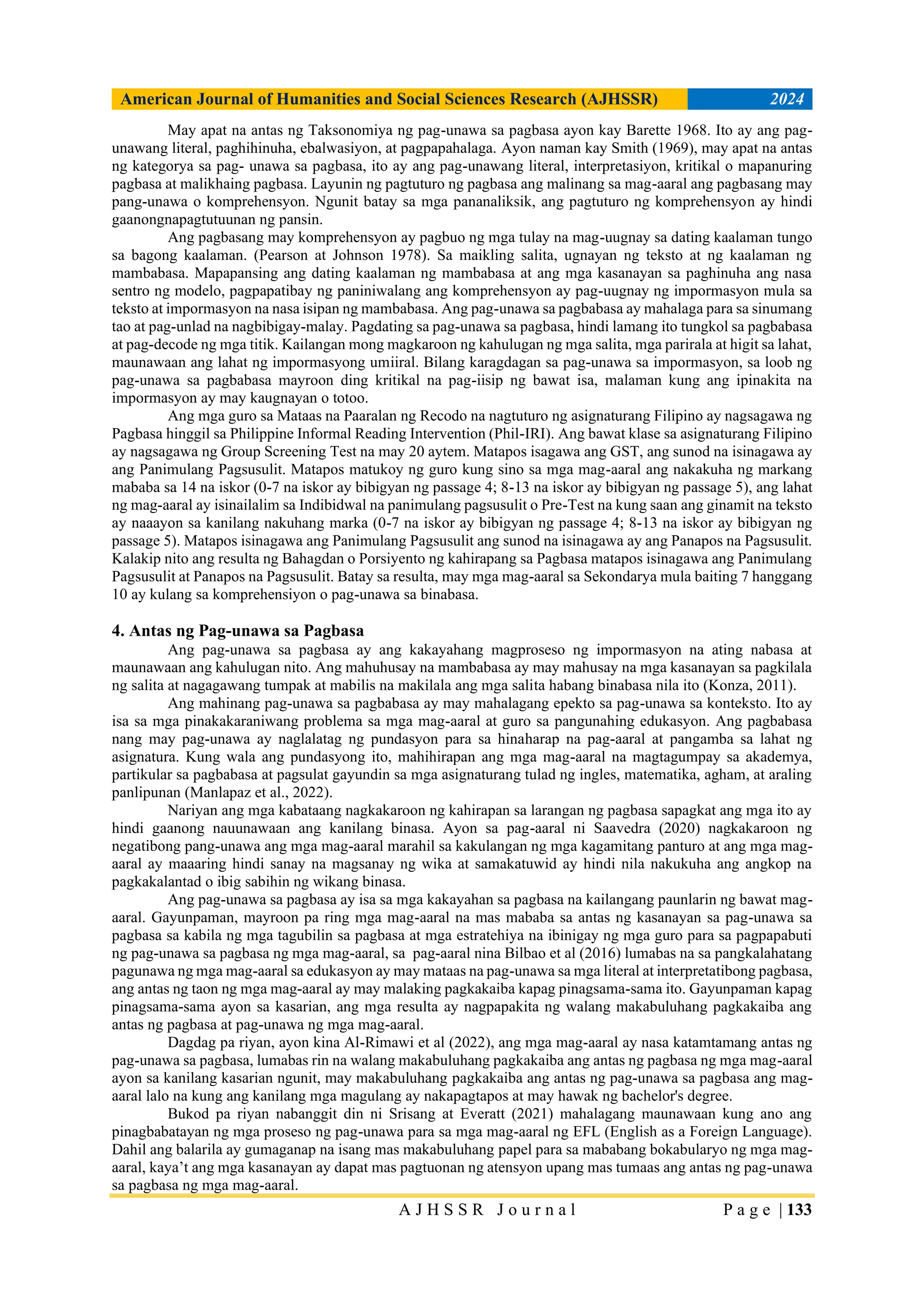 MGA SALIK NA NAKAAAPEKTO SA ANTAS NG PAGUNAWA SA PAGBASA NG MGA MAG-AARAL SA JUNIOR HIGH SCHOOL ...