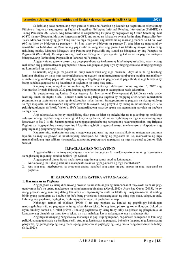 MGA SALIK NA NAKAAAPEKTO SA ANTAS NG PAGUNAWA SA PAGBASA NG MGA MAG-AARAL SA JUNIOR HIGH SCHOOL ...