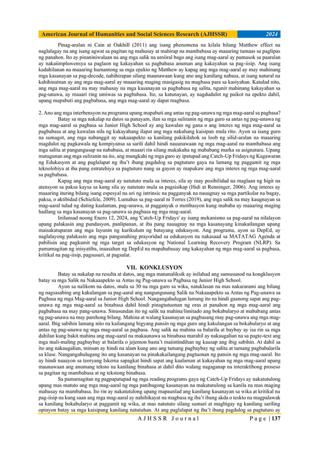 MGA SALIK NA NAKAAAPEKTO SA ANTAS NG PAGUNAWA SA PAGBASA NG MGA MAG-AARAL SA JUNIOR HIGH SCHOOL ...