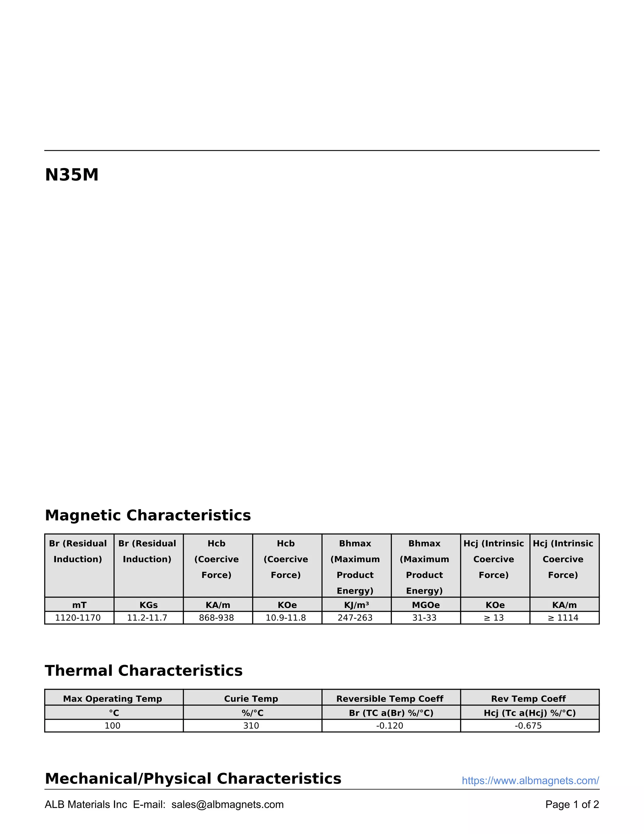 N35M magnets grades data | PDF