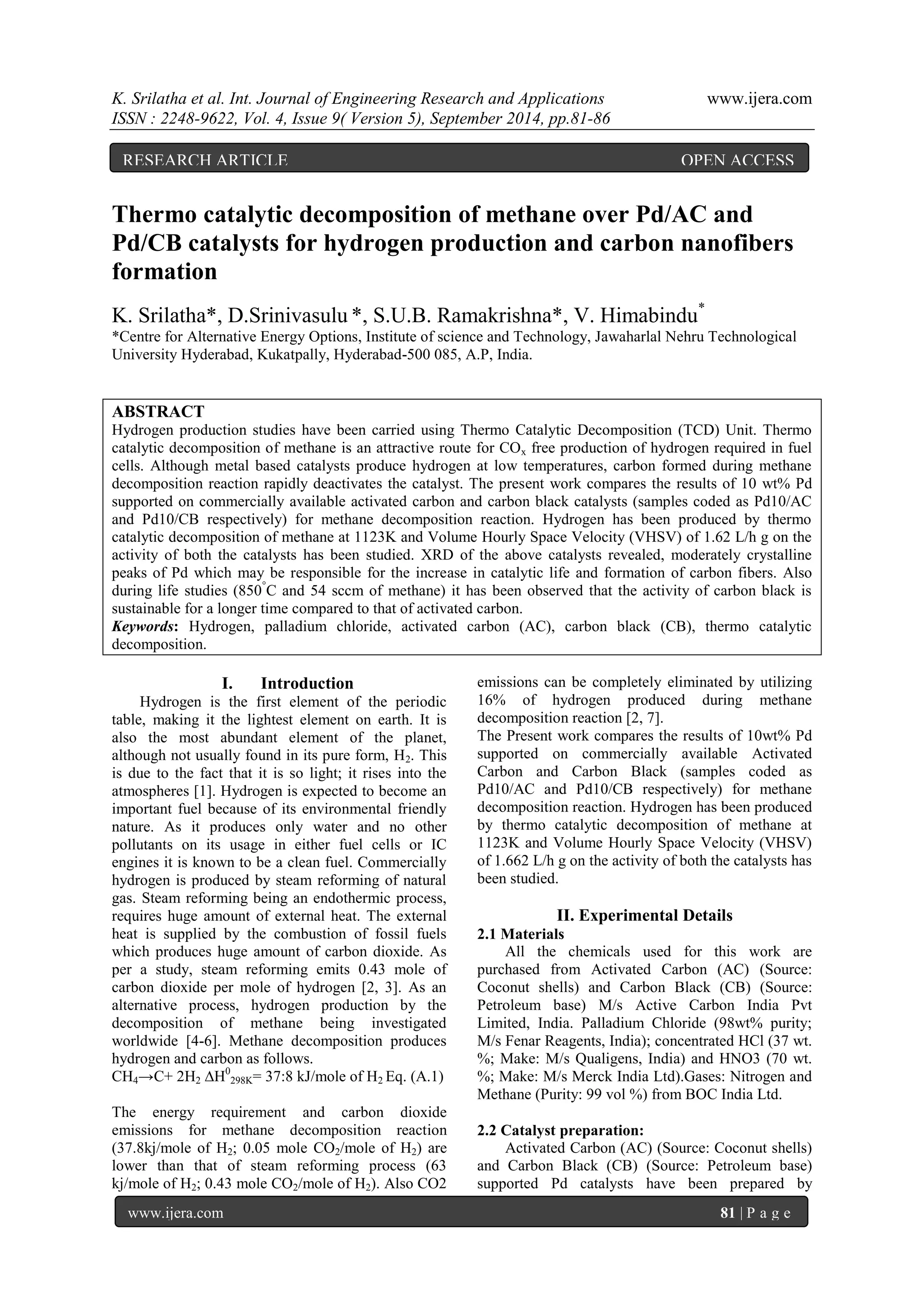 Thermo catalytic decomposition of methane over Pd/AC and Pd/CB ...