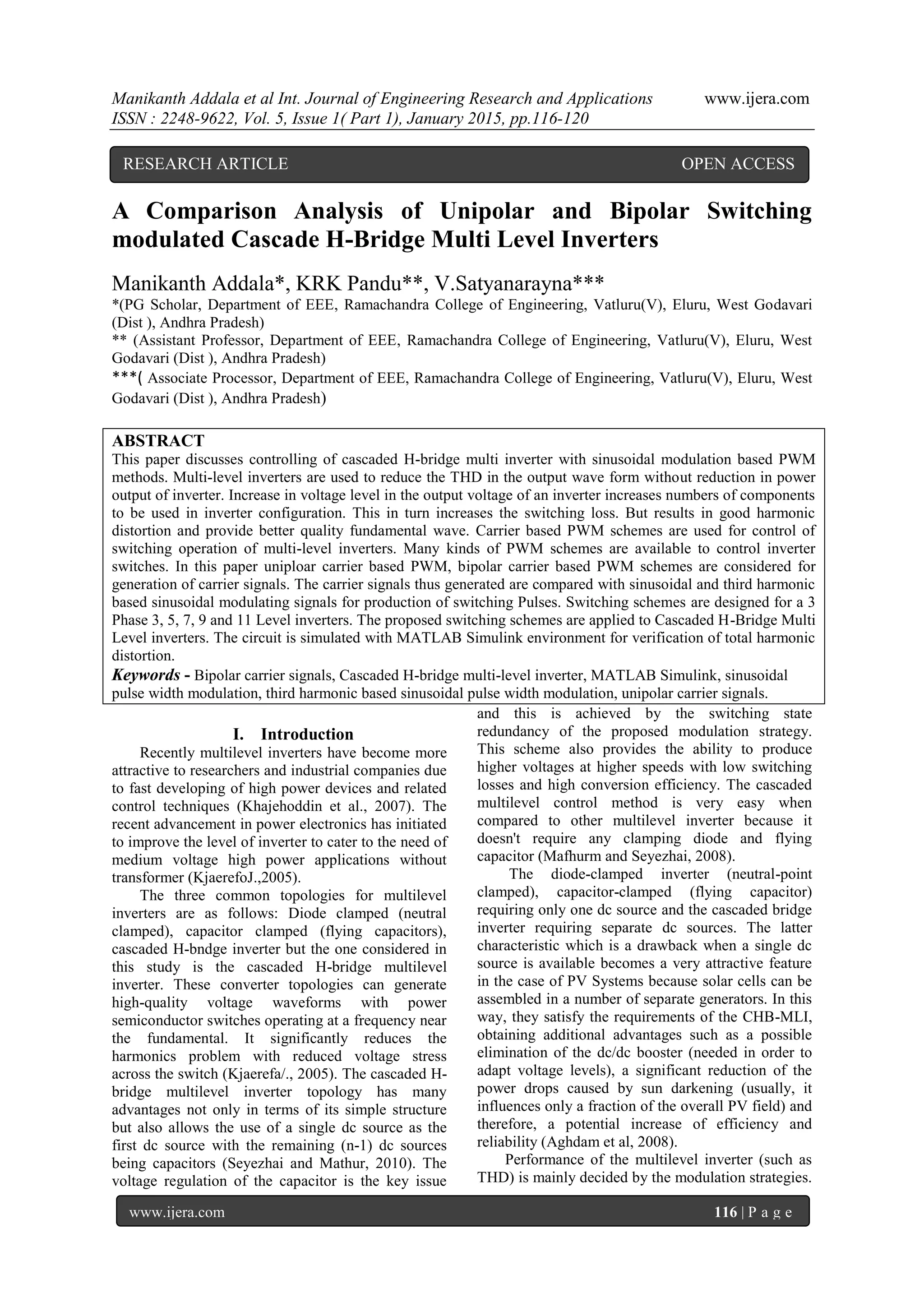 A Comparison Analysis of Unipolar and Bipolar Switching modulated Cascade H-Bridge Multi Level ...