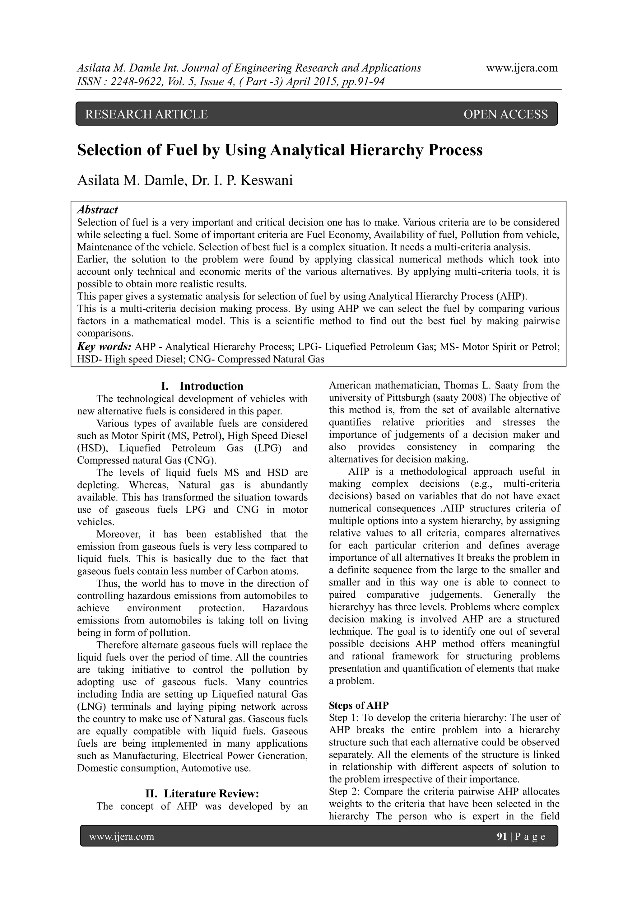 Selection of Fuel by Using Analytical Hierarchy Process | PDF