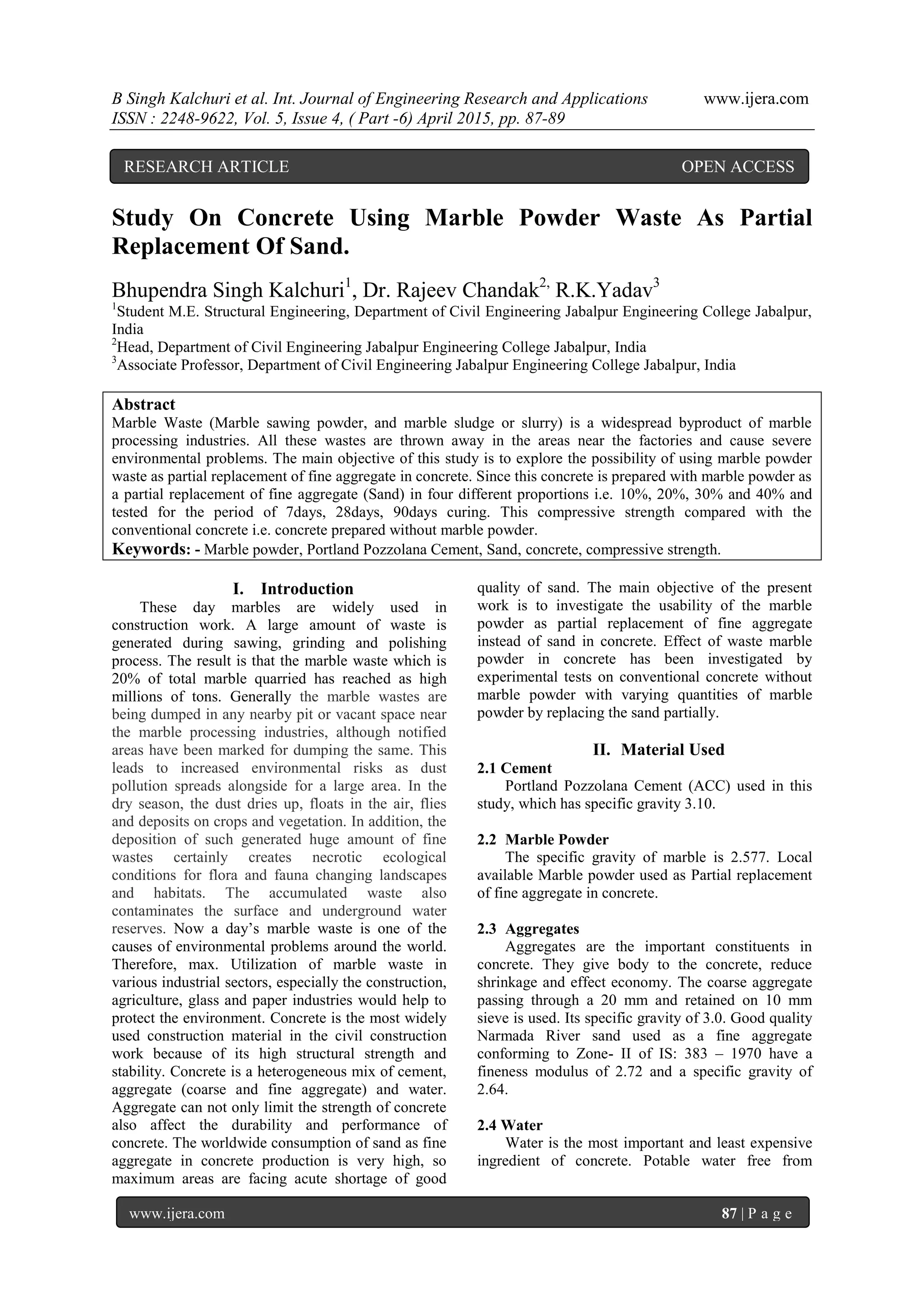 Study On Concrete Using Marble Powder Waste As Partial Replacement Of ...