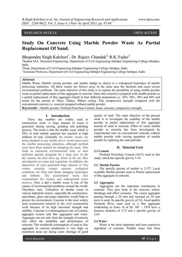 Study On Concrete Using Marble Powder Waste As Partial Replacement Of ...