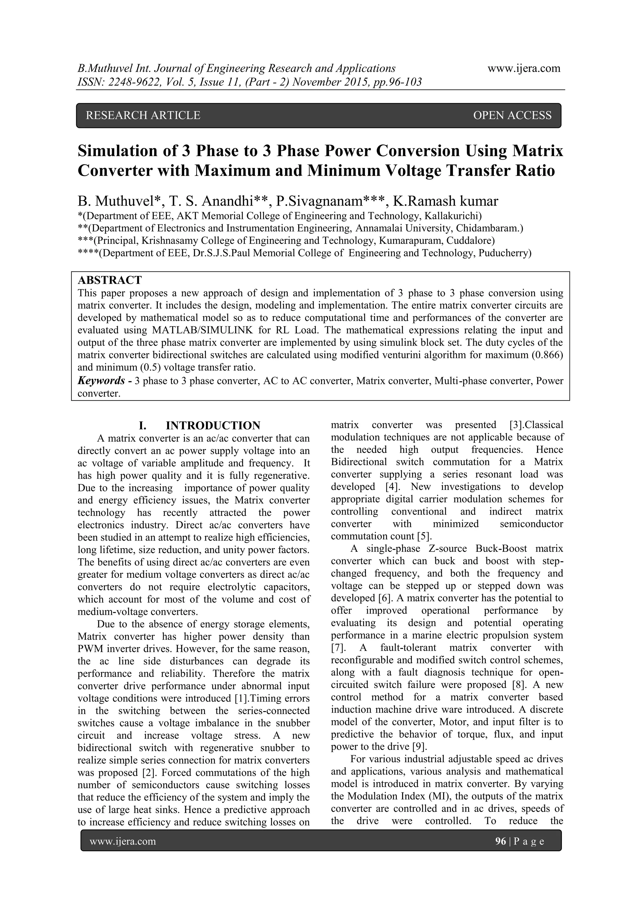 Simulation of 3 Phase to 3 Phase Power Conversion Using Matrix Converter with Maximum and ...