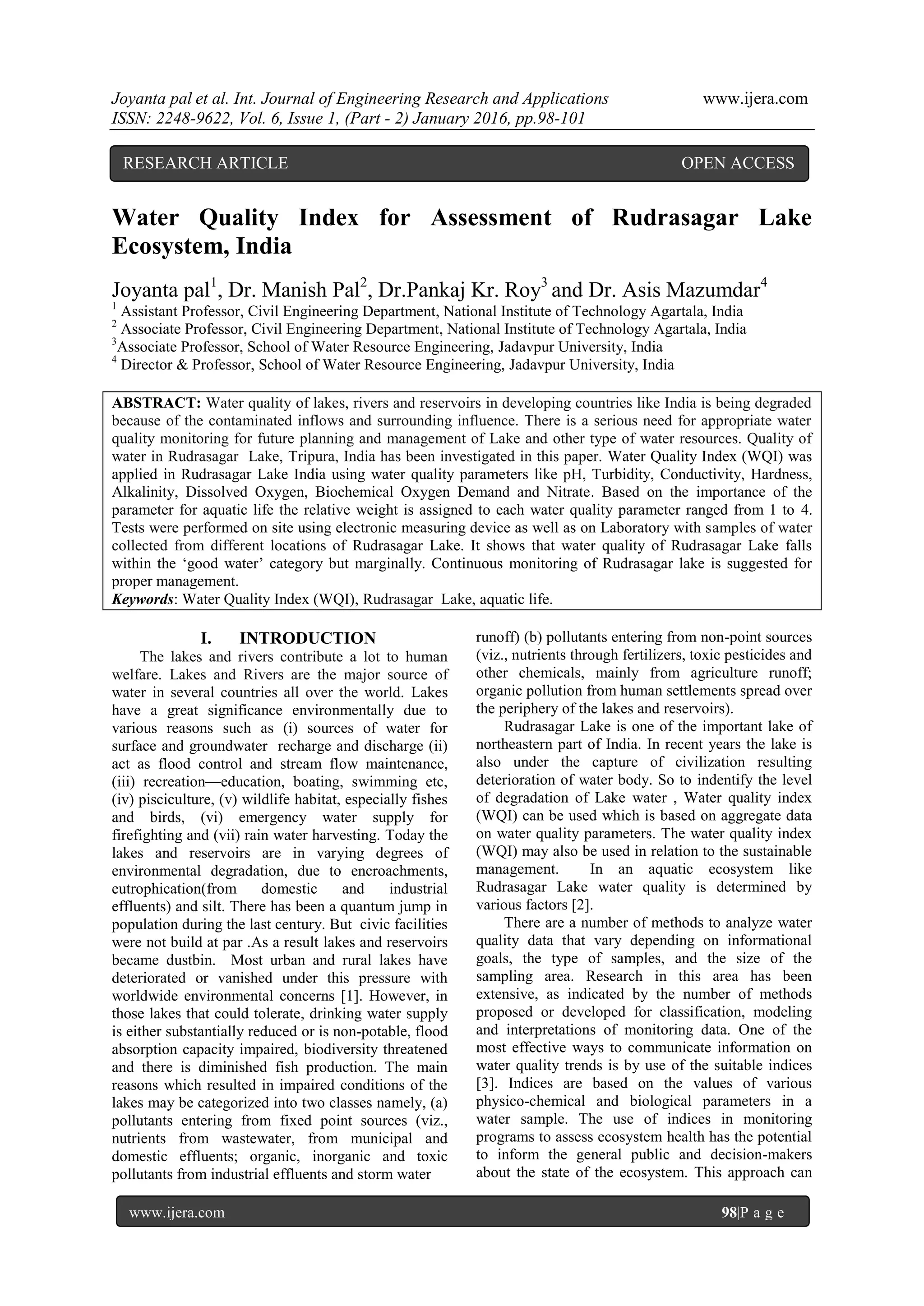 Water Quality Index for Assessment of Rudrasagar Lake Ecosystem, India ...