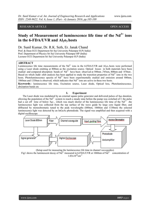 Study of Measurement of luminescence life time of the Nd3+ ions in the 6-FDA/UVR and Al2o3 hosts ...