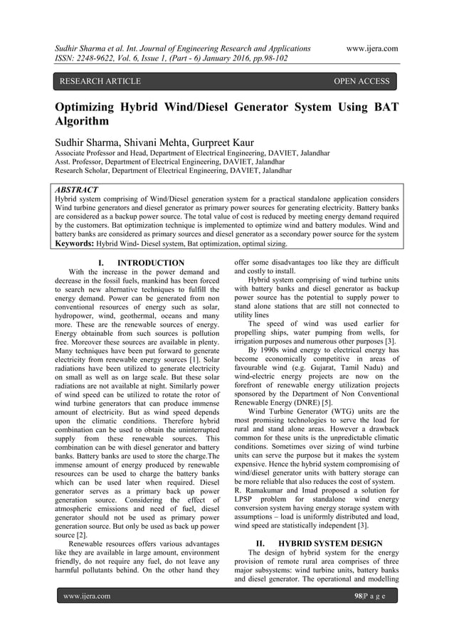 Optimizing Hybrid Winddiesel Generator System Using Bat Algorithm Pdf