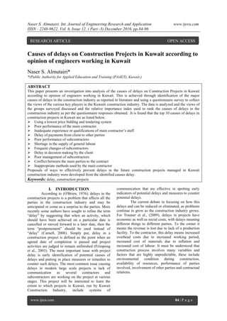Causes of delays on Construction Projects in Kuwait according to ...
