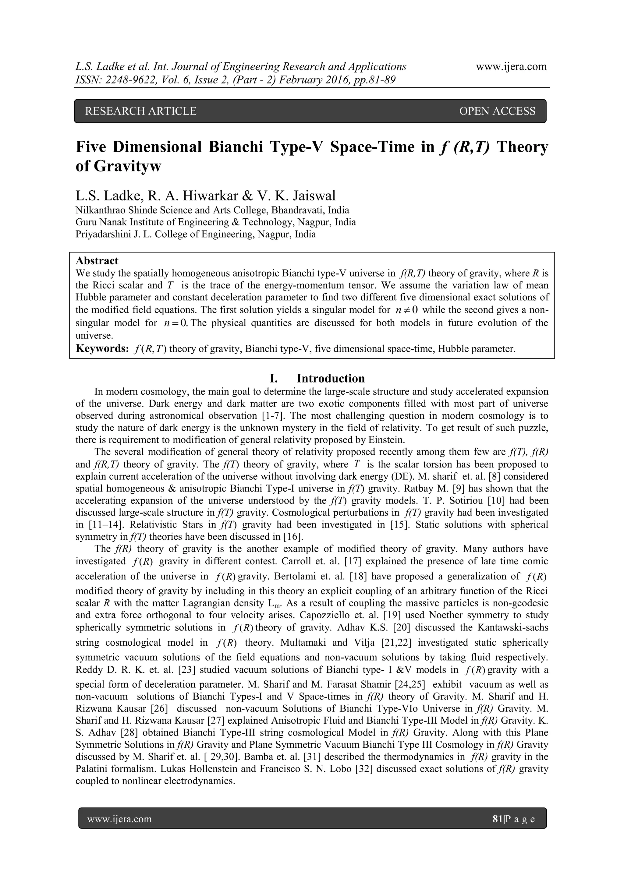 Five Dimensional Bianchi Type V Space Time In F Rt Theory Of Gravityw Pdf Physics Science