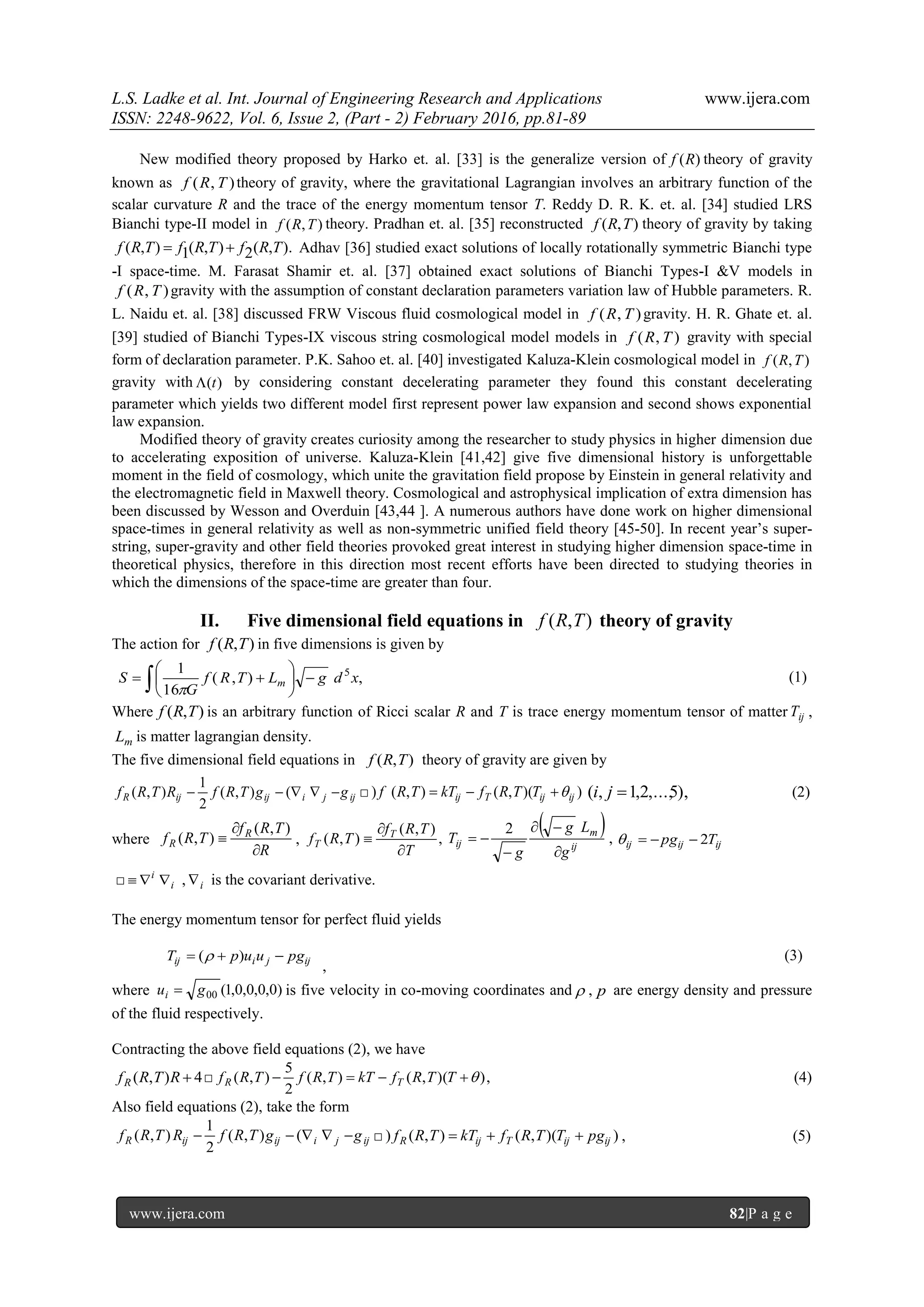 Five Dimensional Bianchi Type-V Space-Time in f (R,T) Theory of Gravityw | PDF | Physics | Science