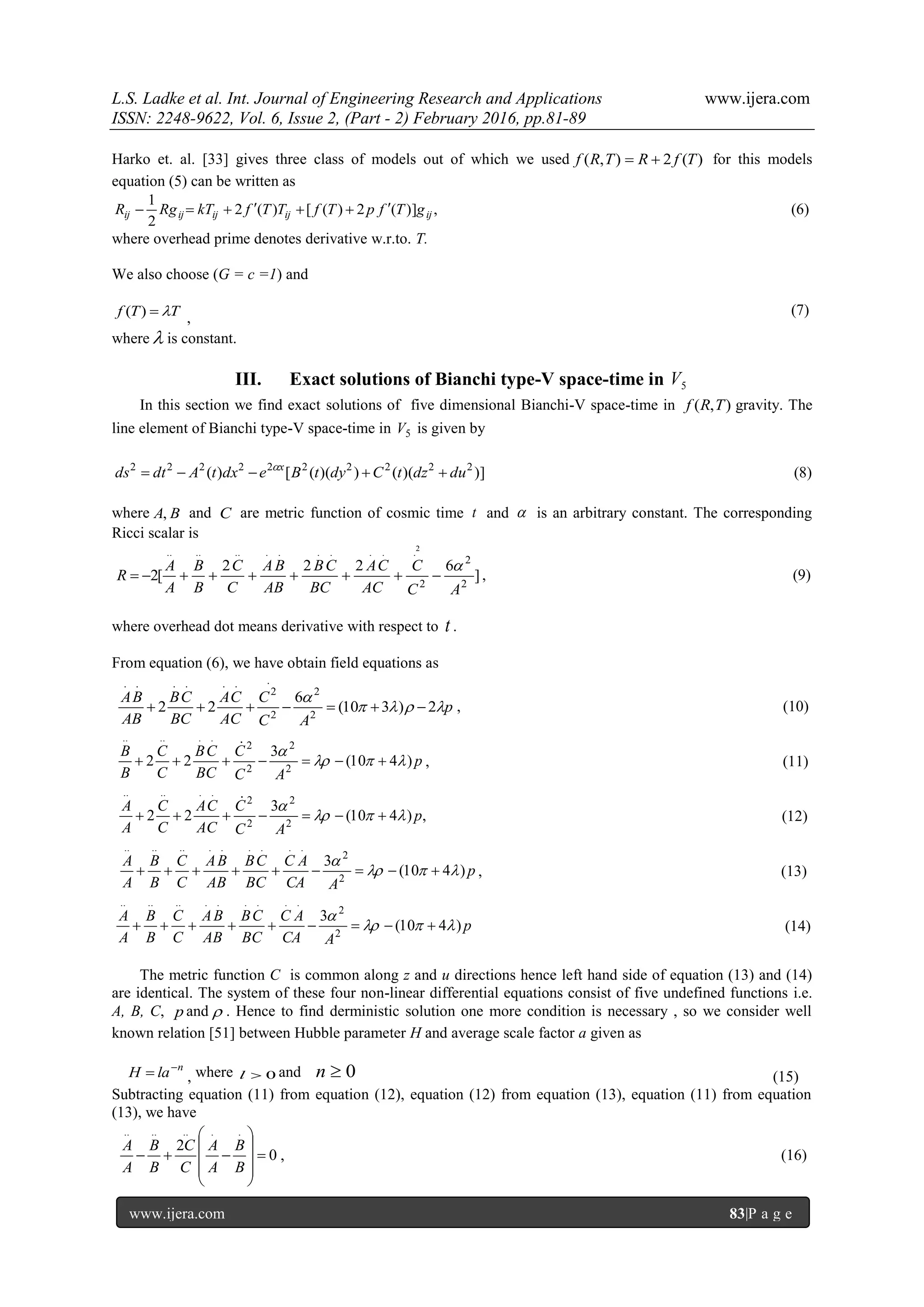 Five Dimensional Bianchi Type-V Space-Time in f (R,T) Theory of ...