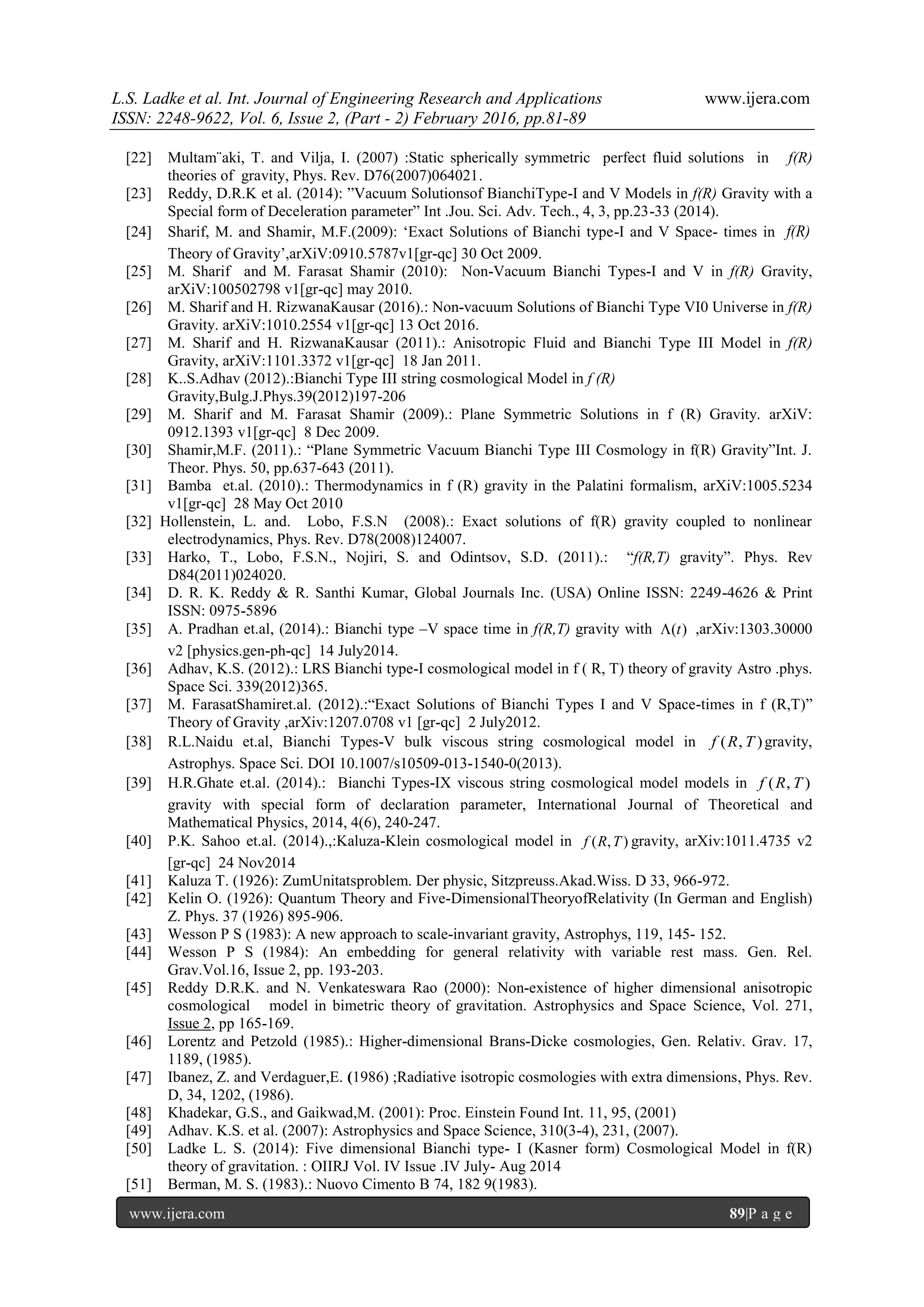 Five Dimensional Bianchi Type-V Space-Time in f (R,T) Theory of Gravityw | PDF | Physics | Science