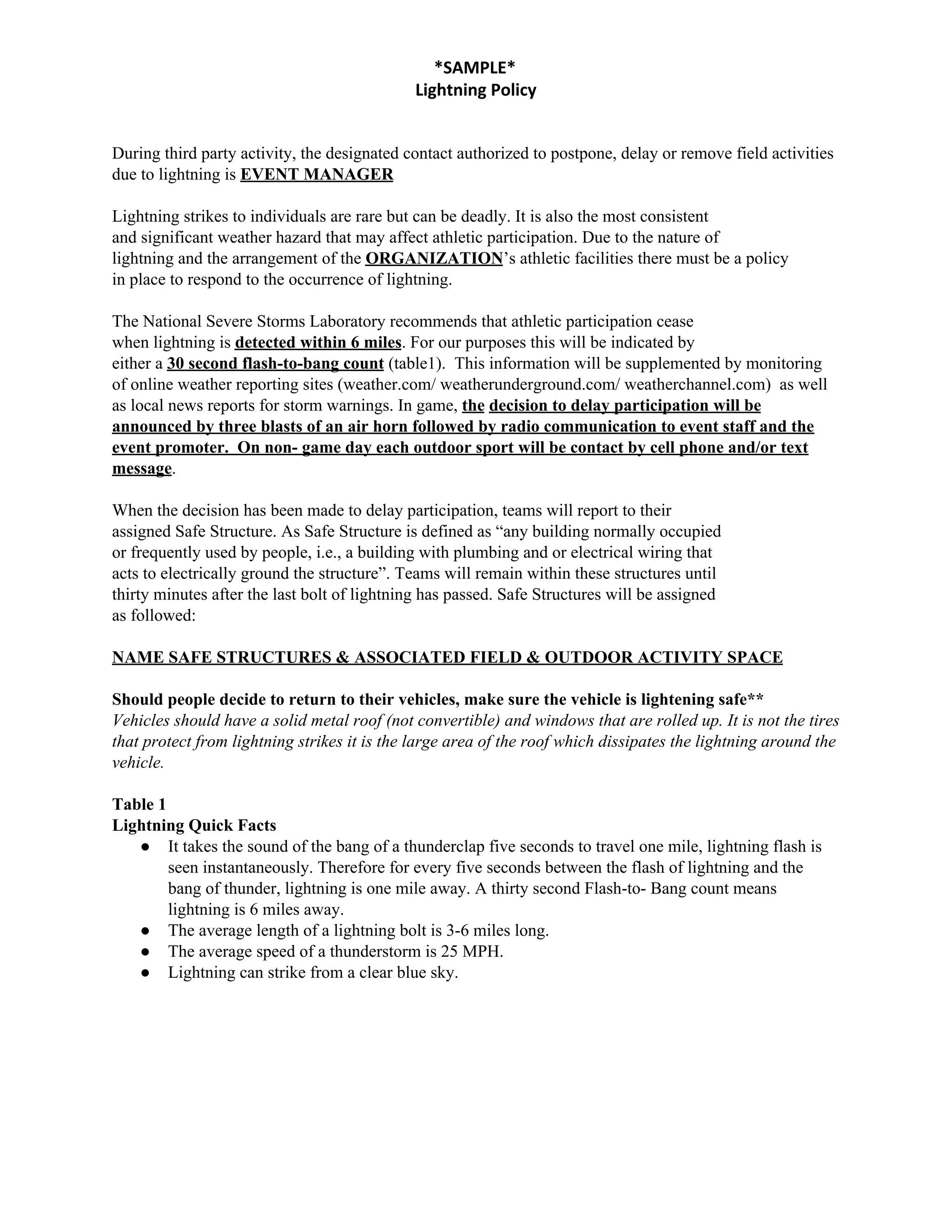 Lightning Policy for Sports Fields | PDF