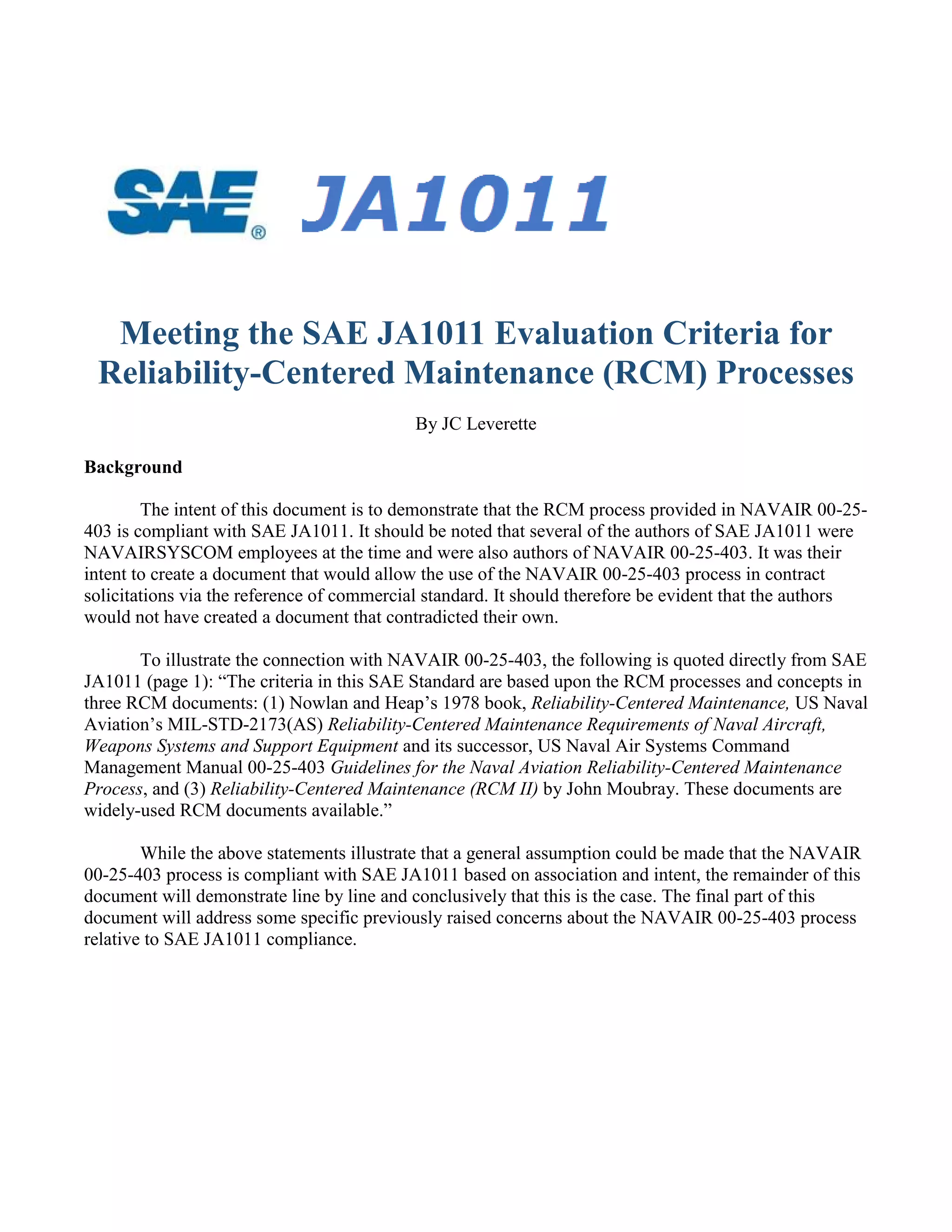 Meeting the SAE JA1011 Evaluation Criteria for RCM Processes | PDF