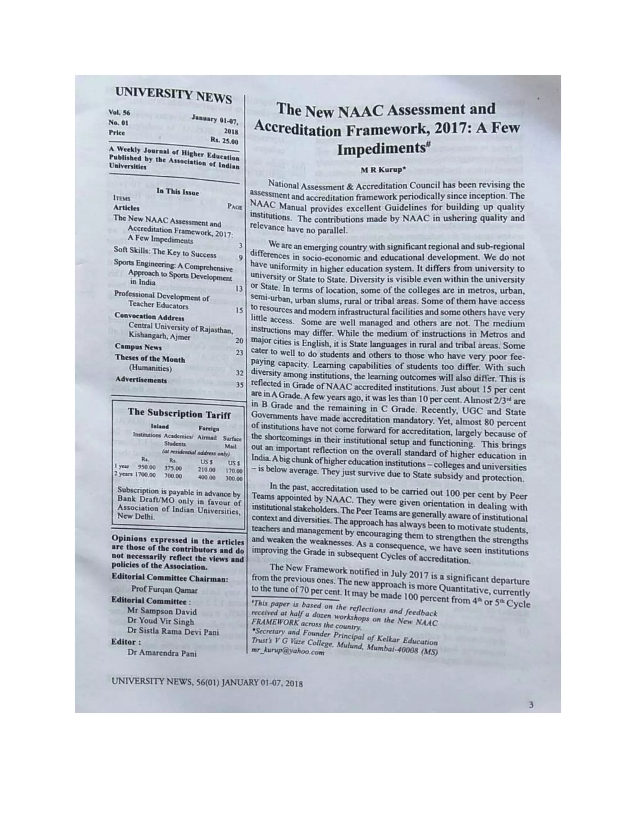 NAAC Assessment & Soft Skill article by Dr. Fr. Davis George | PDF