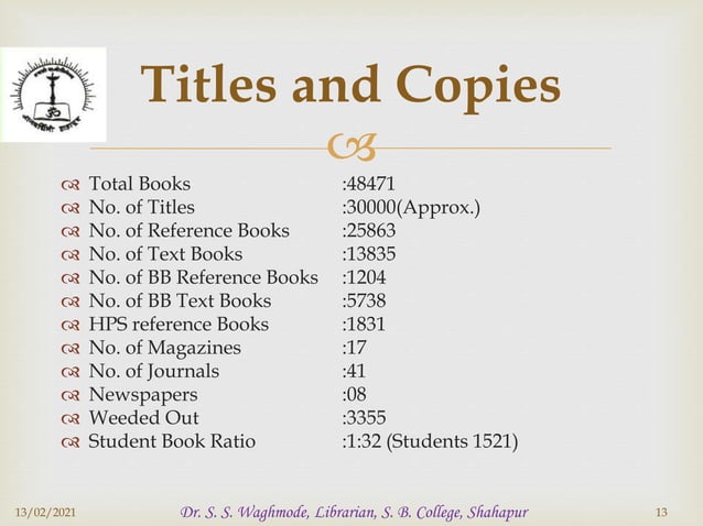 NAAC Presentation S. B. College Library Shahapur 13th feb 2021 | PPSX