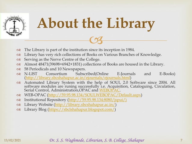 NAAC Presentation S. B. College Library Shahapur 13th feb 2021 | PPSX