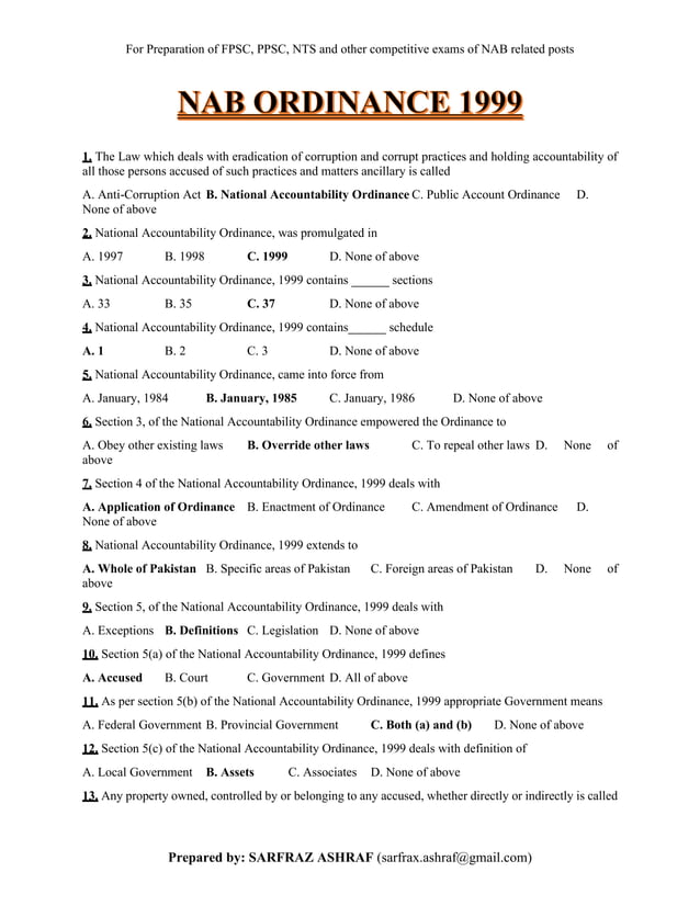 NAB Ordinance 1999 MCQs | PDF