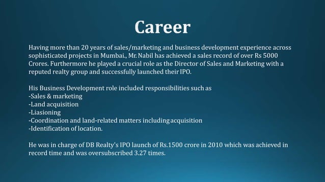 Nabil yusuf patel director of db realty | PPTX | Sales | Business