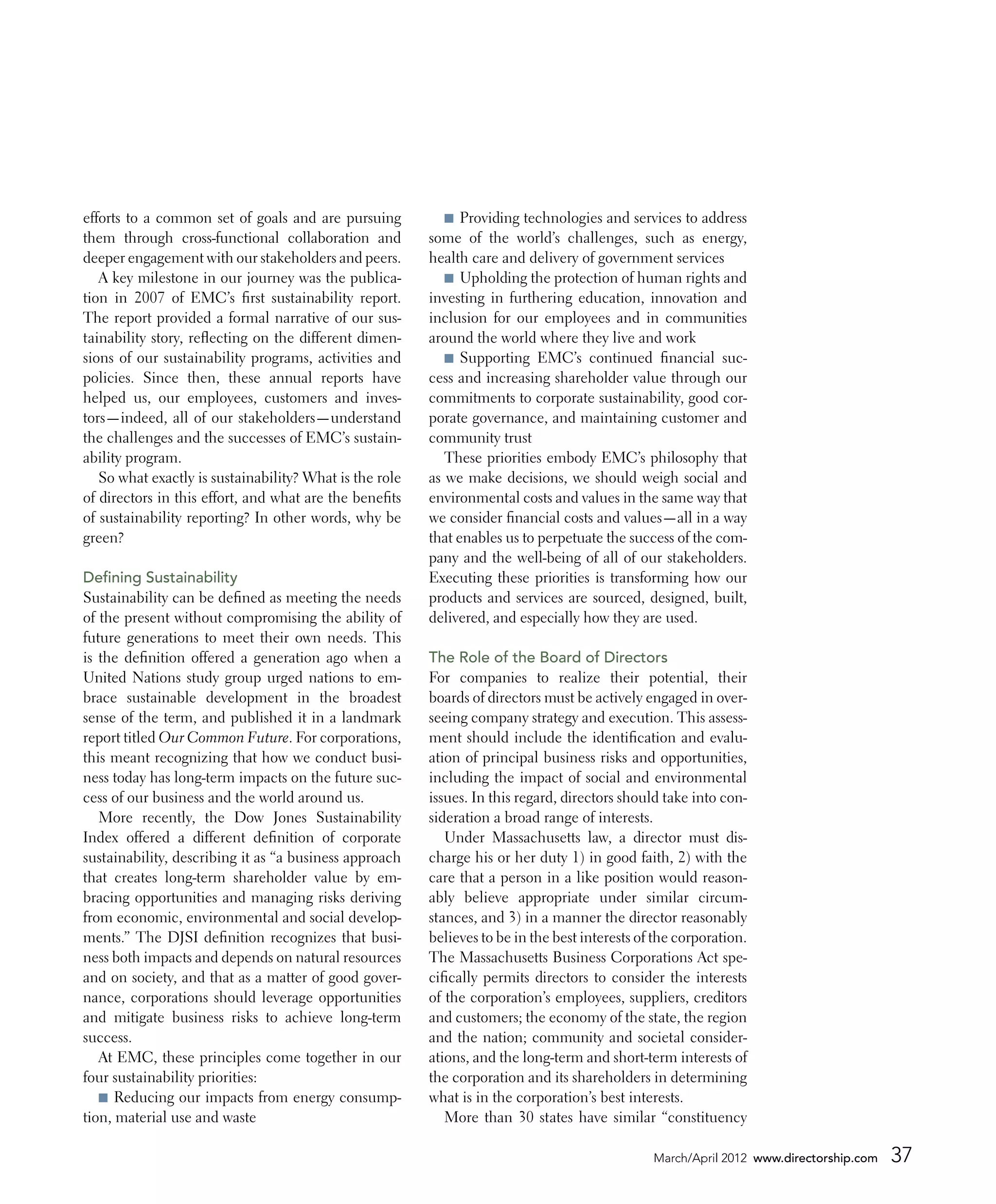 Sustainability and the Board of Directors - NACD Case Study EMC & GRI | PDF