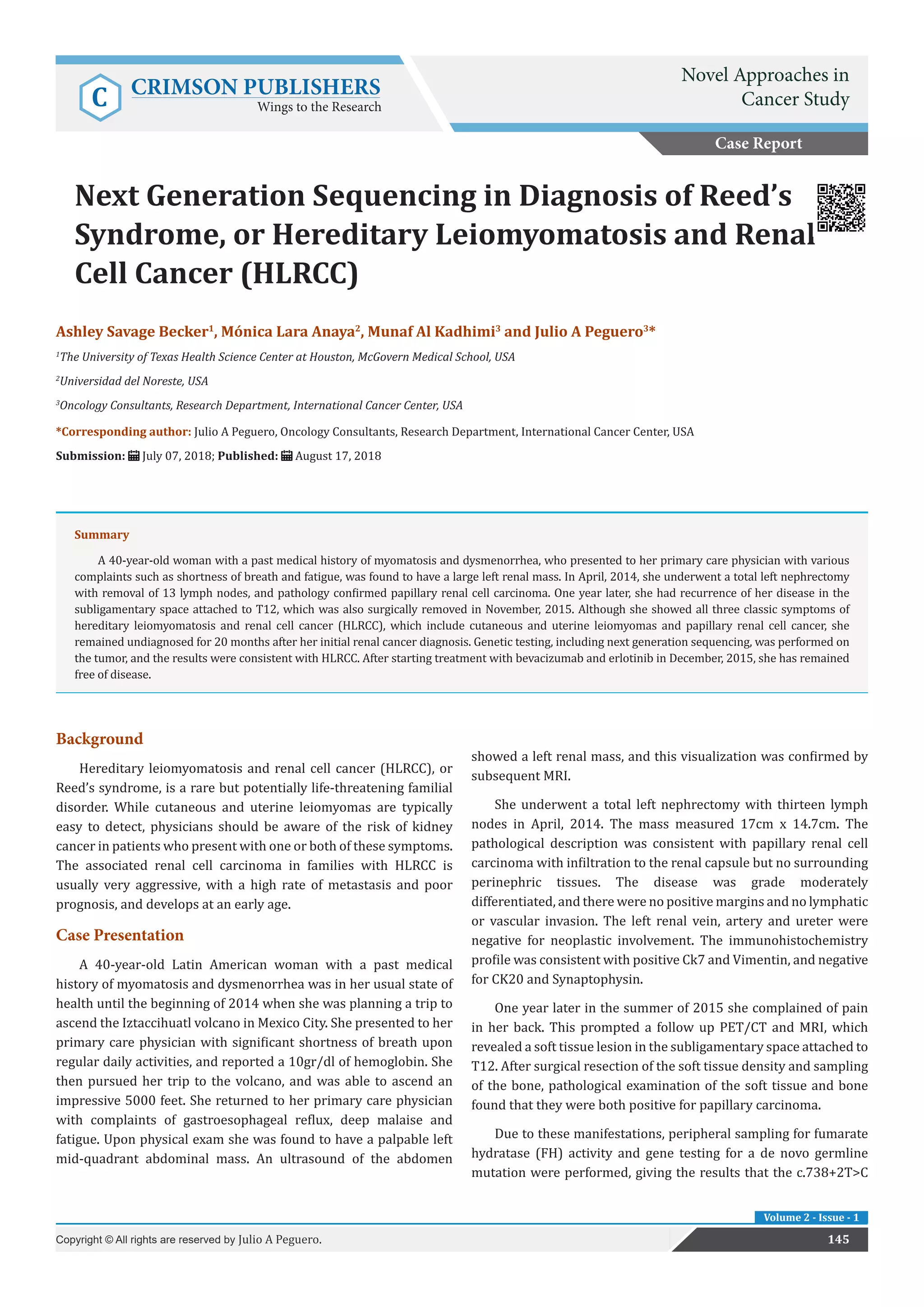 Next Generation Sequencing in Diagnosis of Reed’s Syndrome, or ...